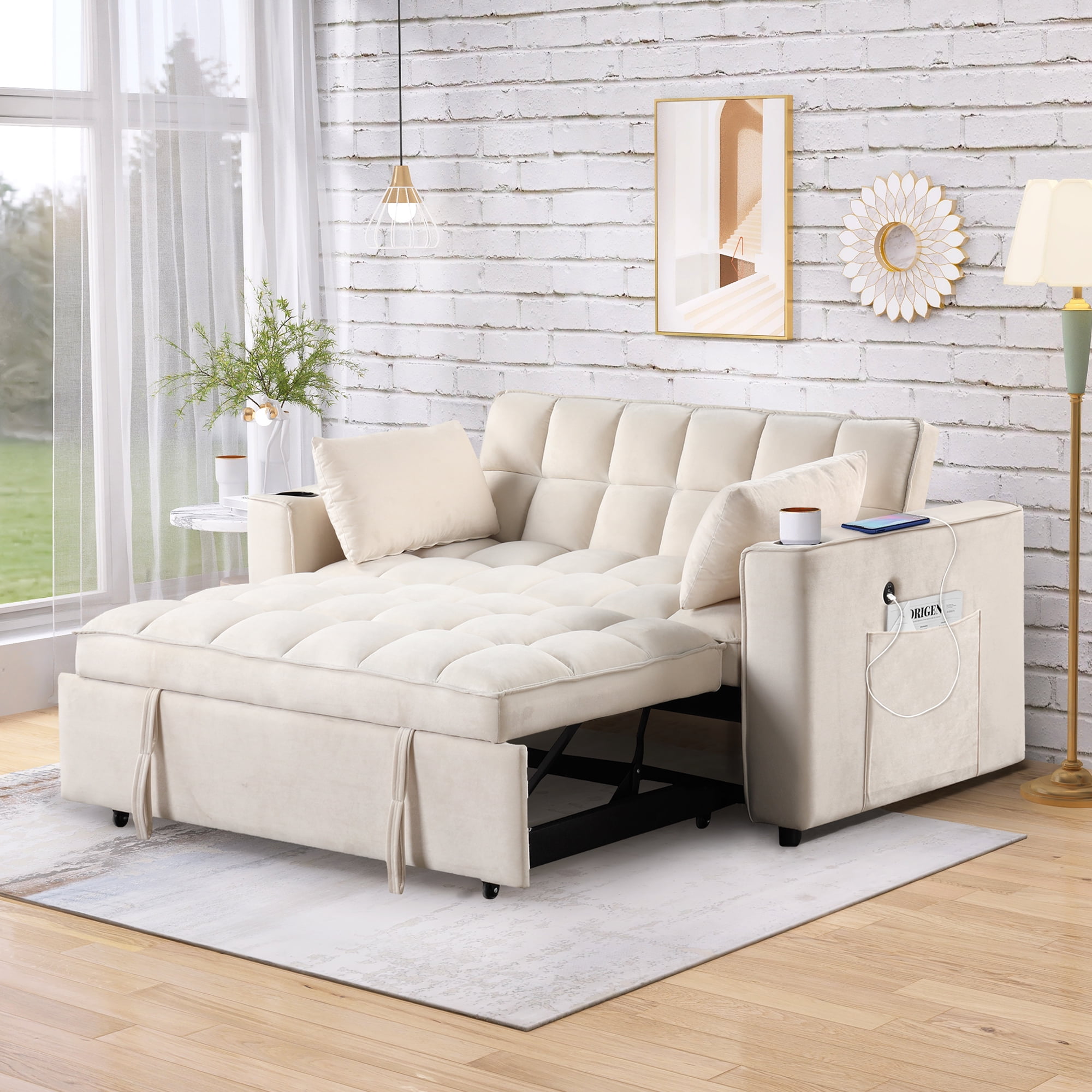 Churanty 55.3" 4-1 Multi-functional Sofa Bed with Cup Holder and USB ...