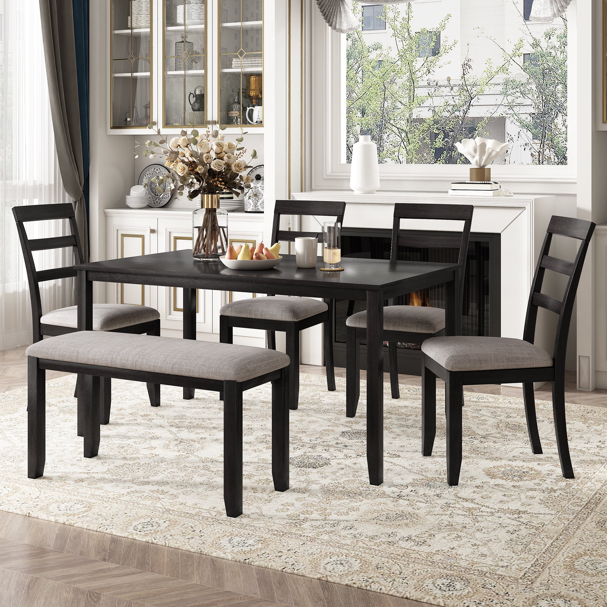 Churanty 6 Pieces Upholstered Dining Table Set for 6 with Bench Wooden ...