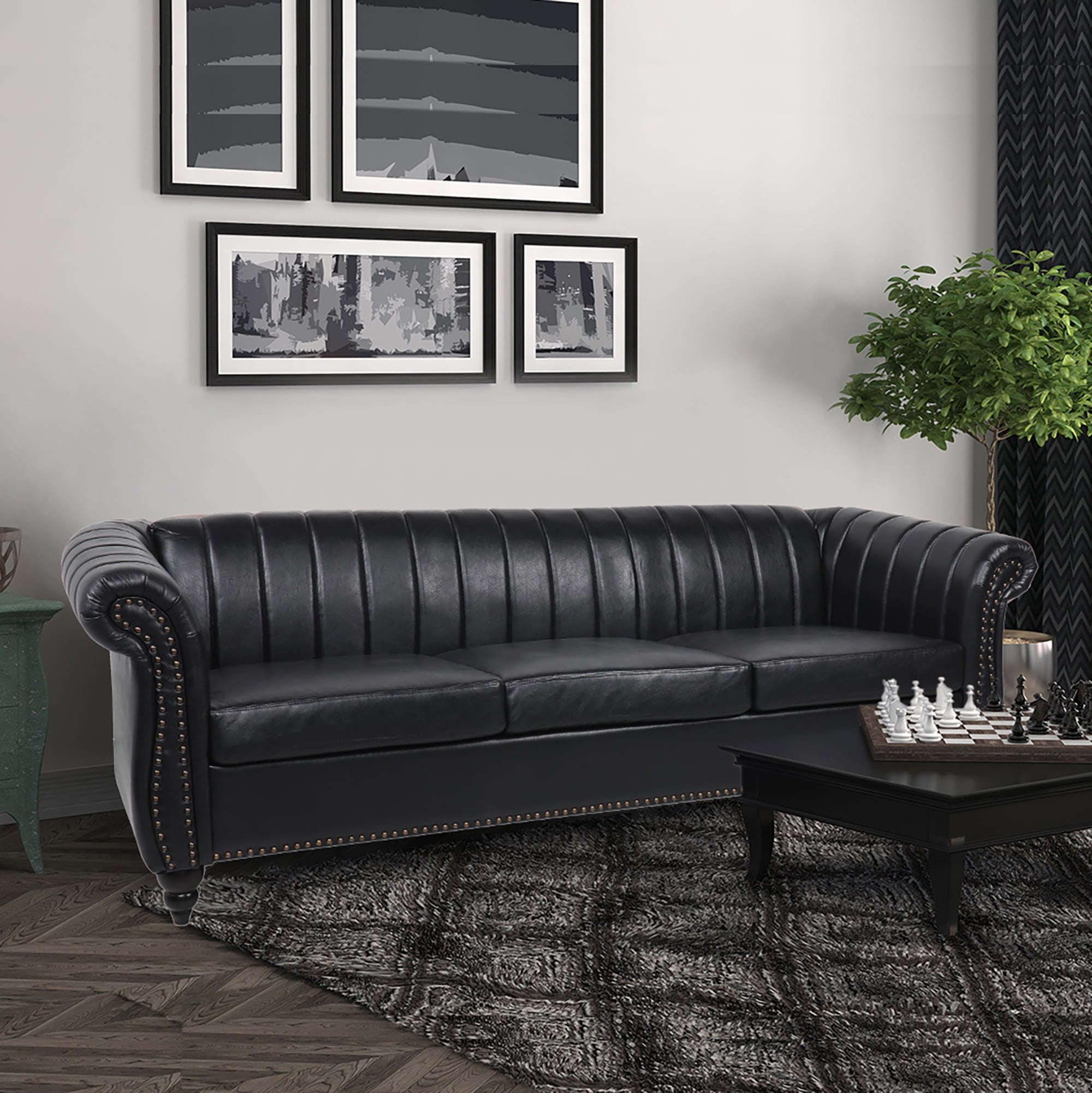 Churanty 84" Chesterfield Sofa Leather, PU Sofa with Channel Tufted ...