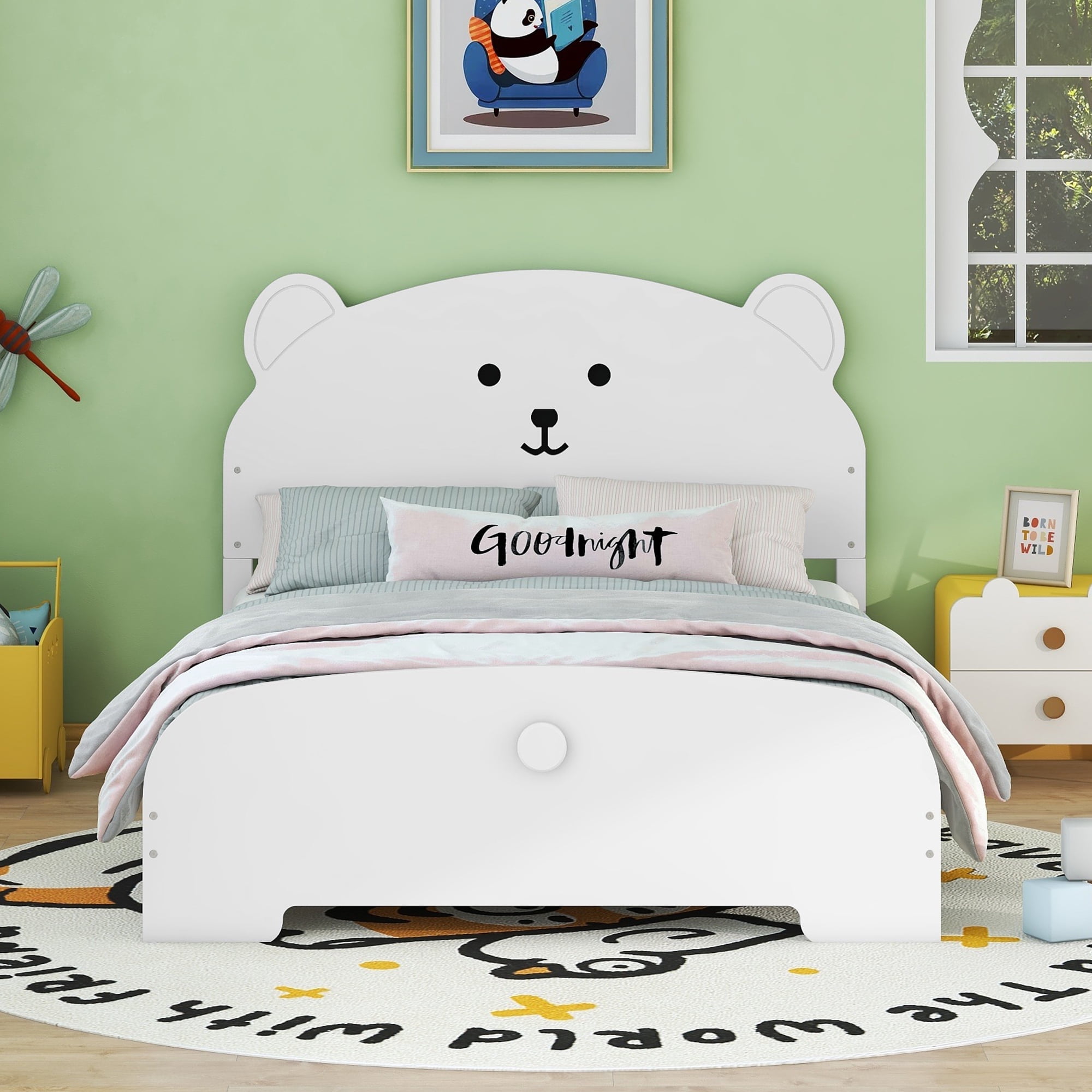 Churanty Cute Full Size Kids Bed Frame, Wood Platform Bed with Bear ...