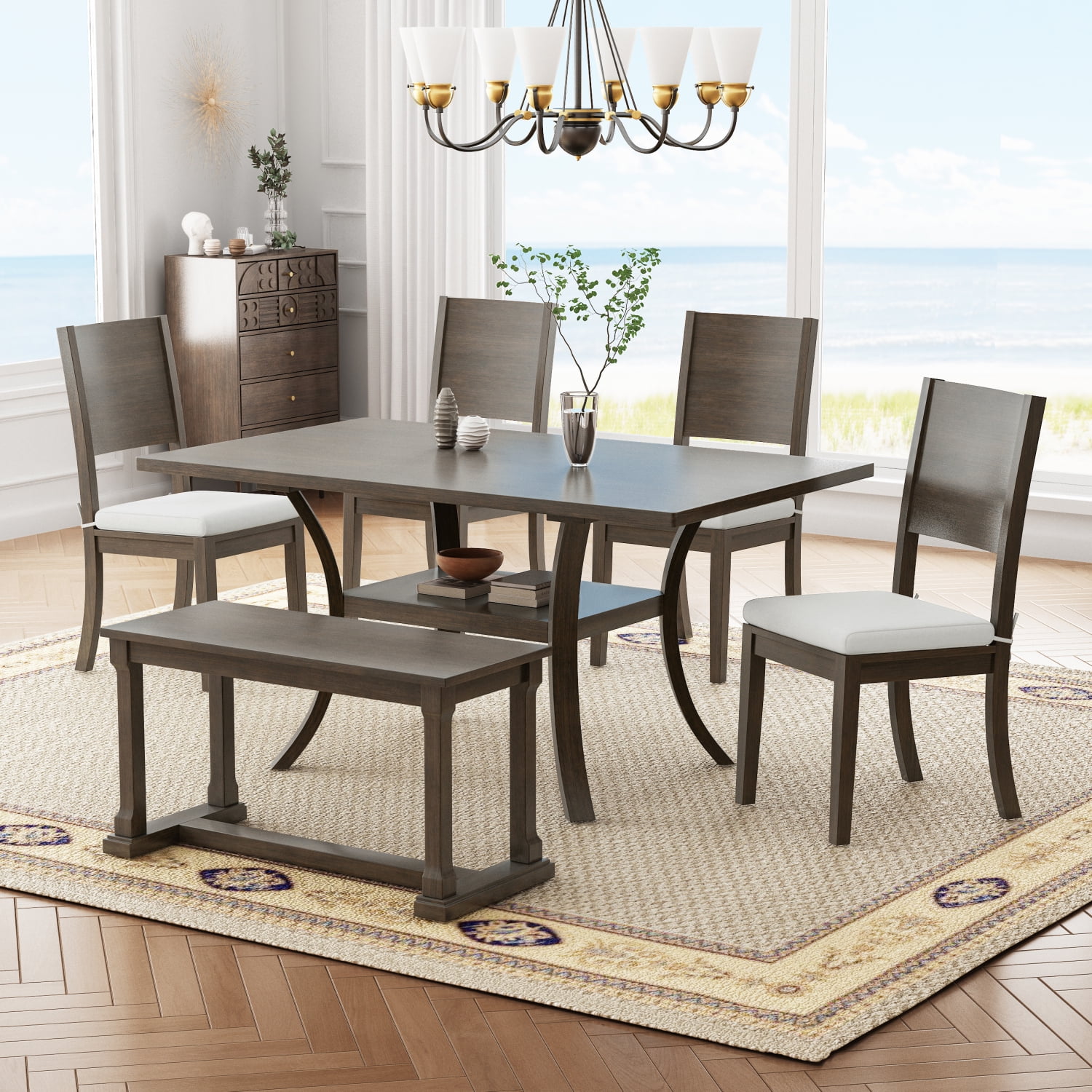Churanty Dining Table Set with Bench for 6, Wood Kitchen Dining Table ...