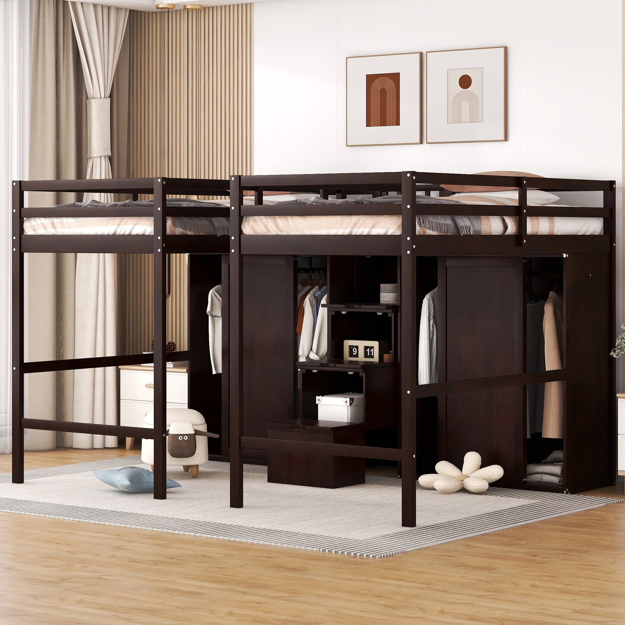 Churanty Double Twin Loft Beds with Wardrobes and Staircase, Espresso ...