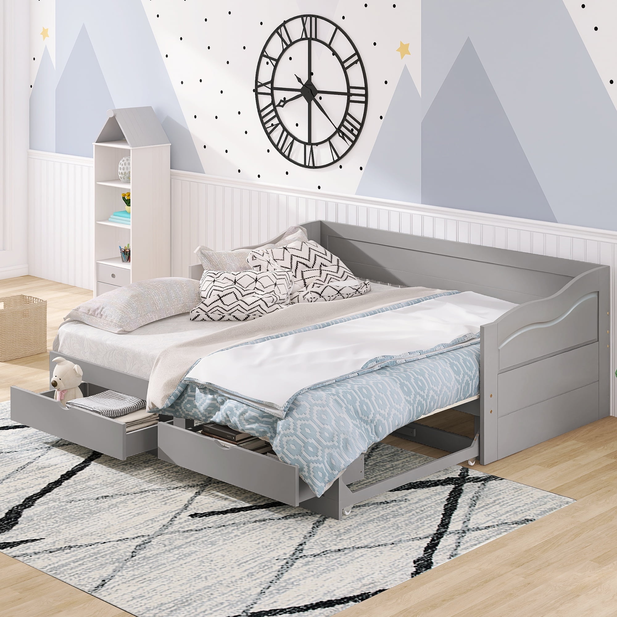 Churanty Kids Extendable Twin-to-King Daybed with Trundle, Grey ...