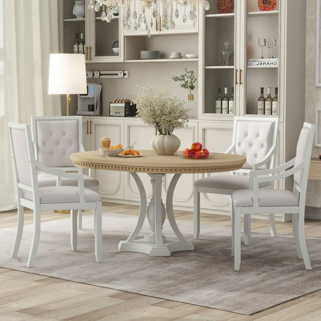 Churanty Farmhouse Dining Set for 4,Wood Kitchen Extendable Round ...