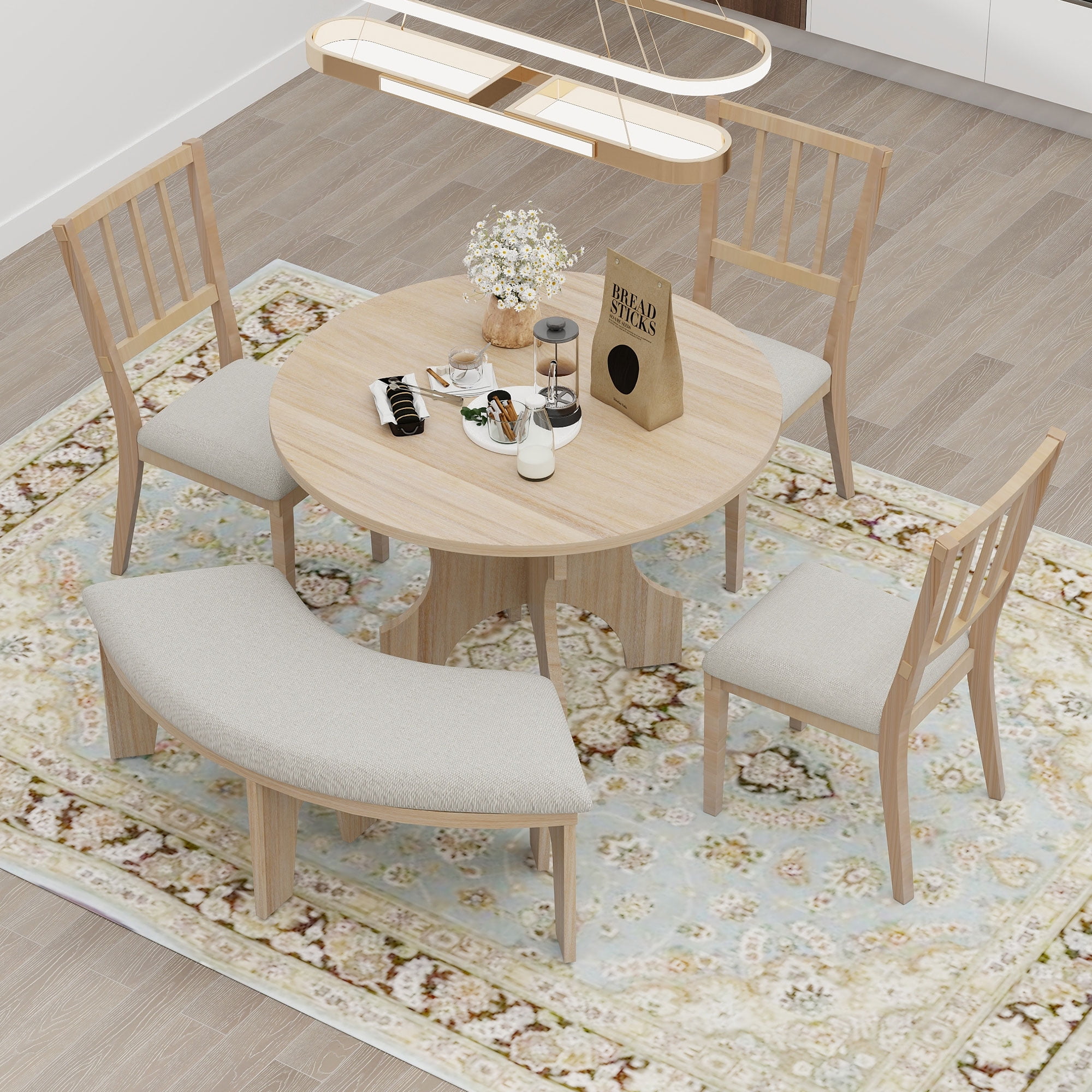 Churanty Farmhouse Dining Set for 4,Wood Round Kitchen Dining Table Set ...