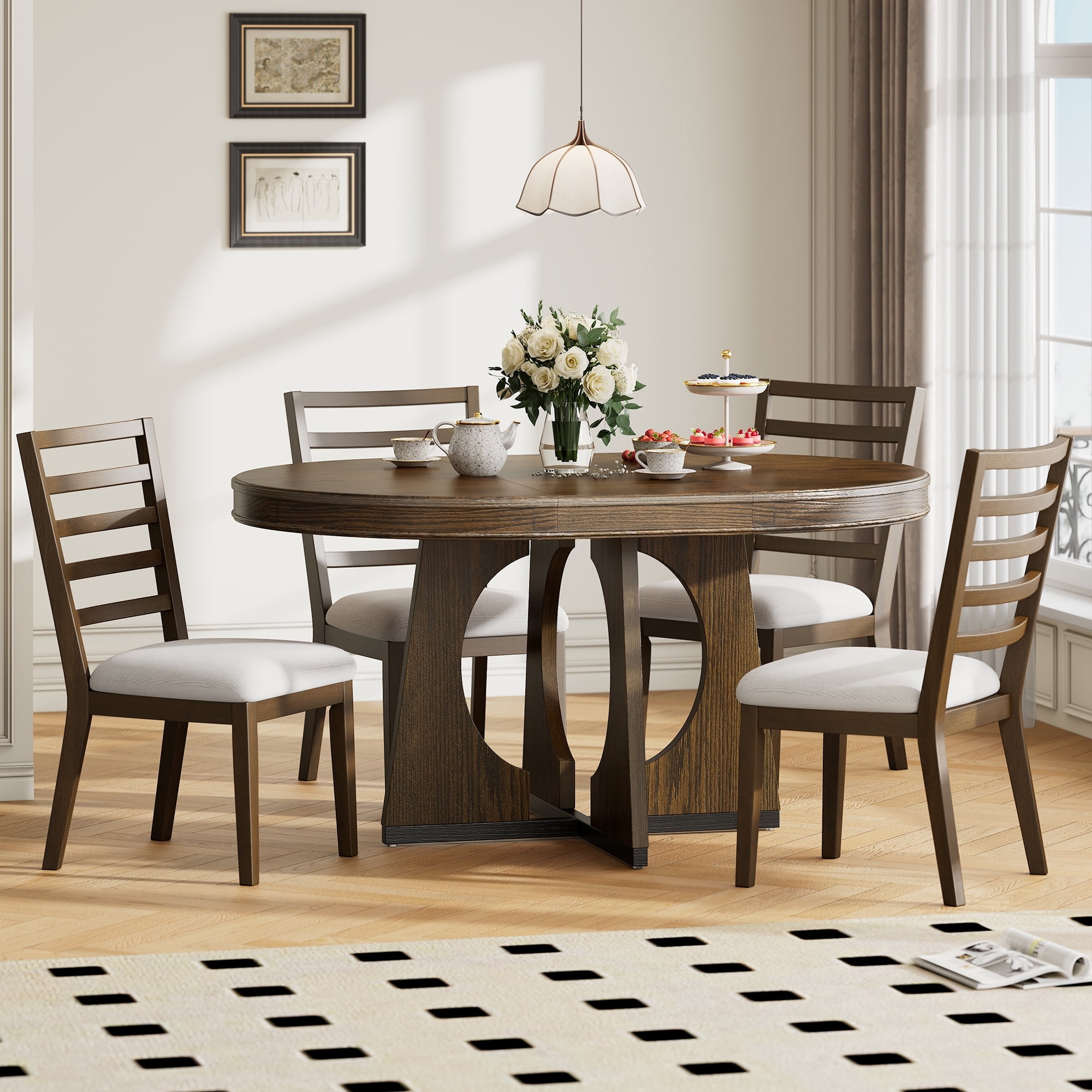 Harper & Bright Designs Farmhouse Extendable Round Dining Set for 4 ...