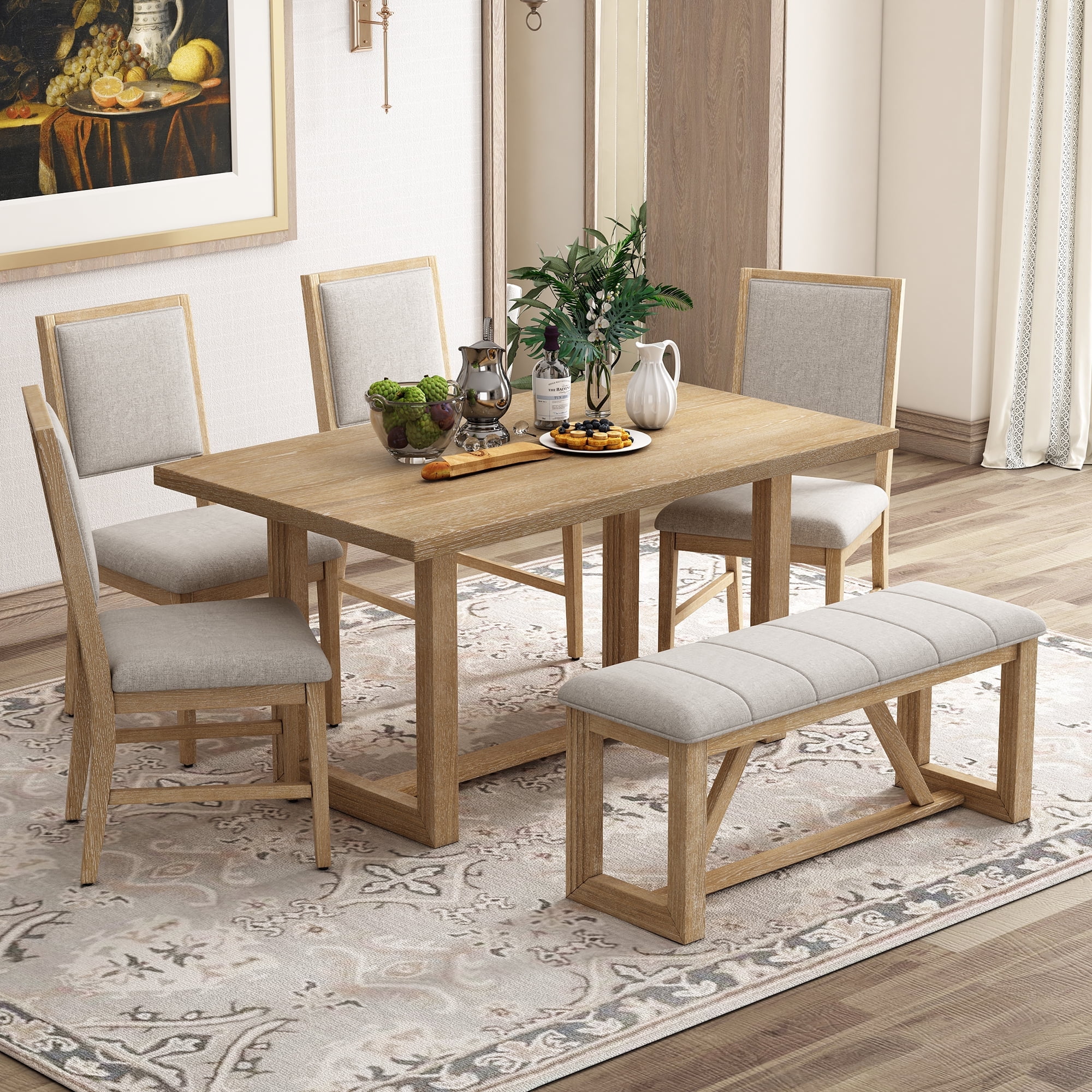 Harper & Bright Designs Farmhouse Kitchen Table Set for 6 with Bench ...