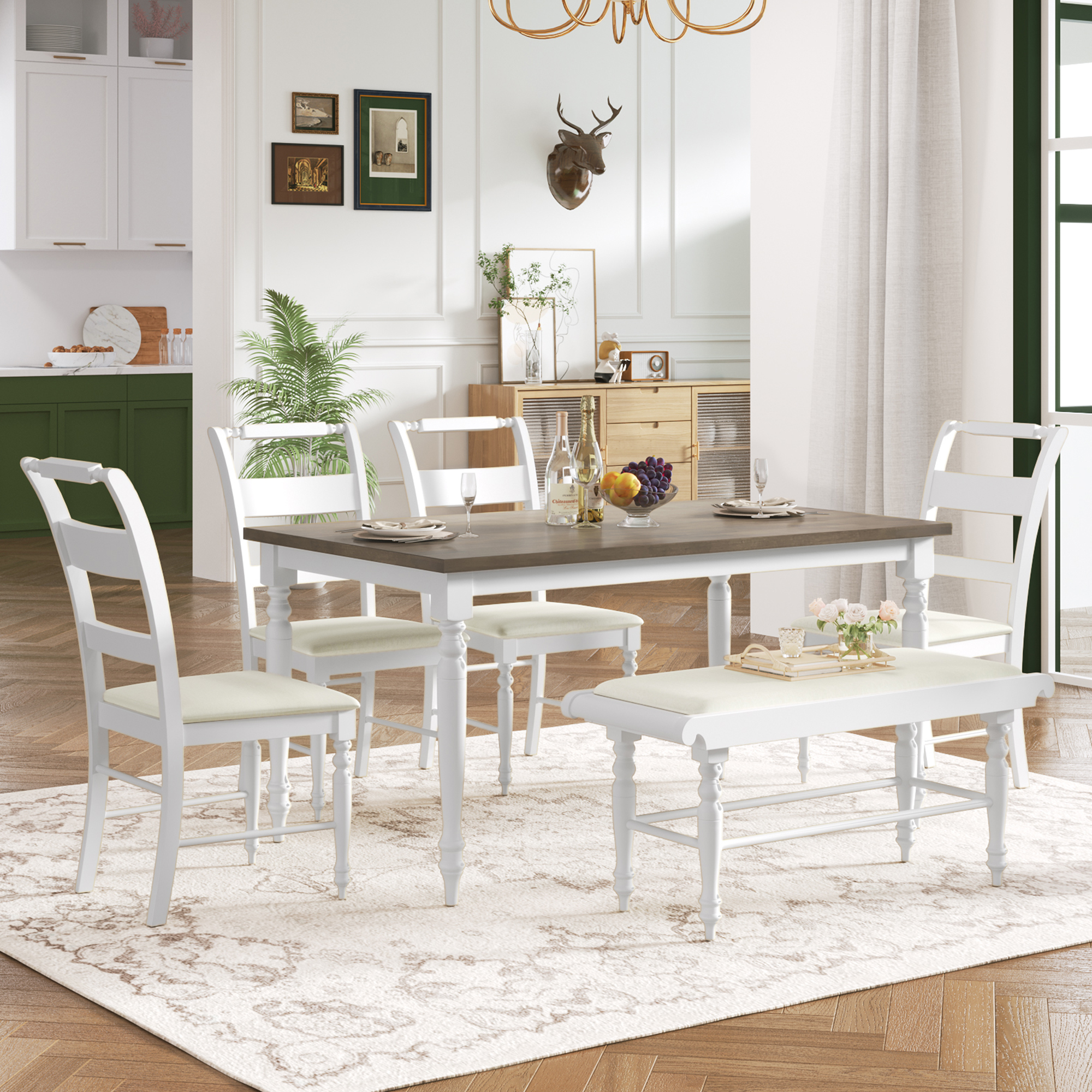 Churanty Farmhouse 6 Piece Modern Rubberwood Solid Frame Dining Table ...