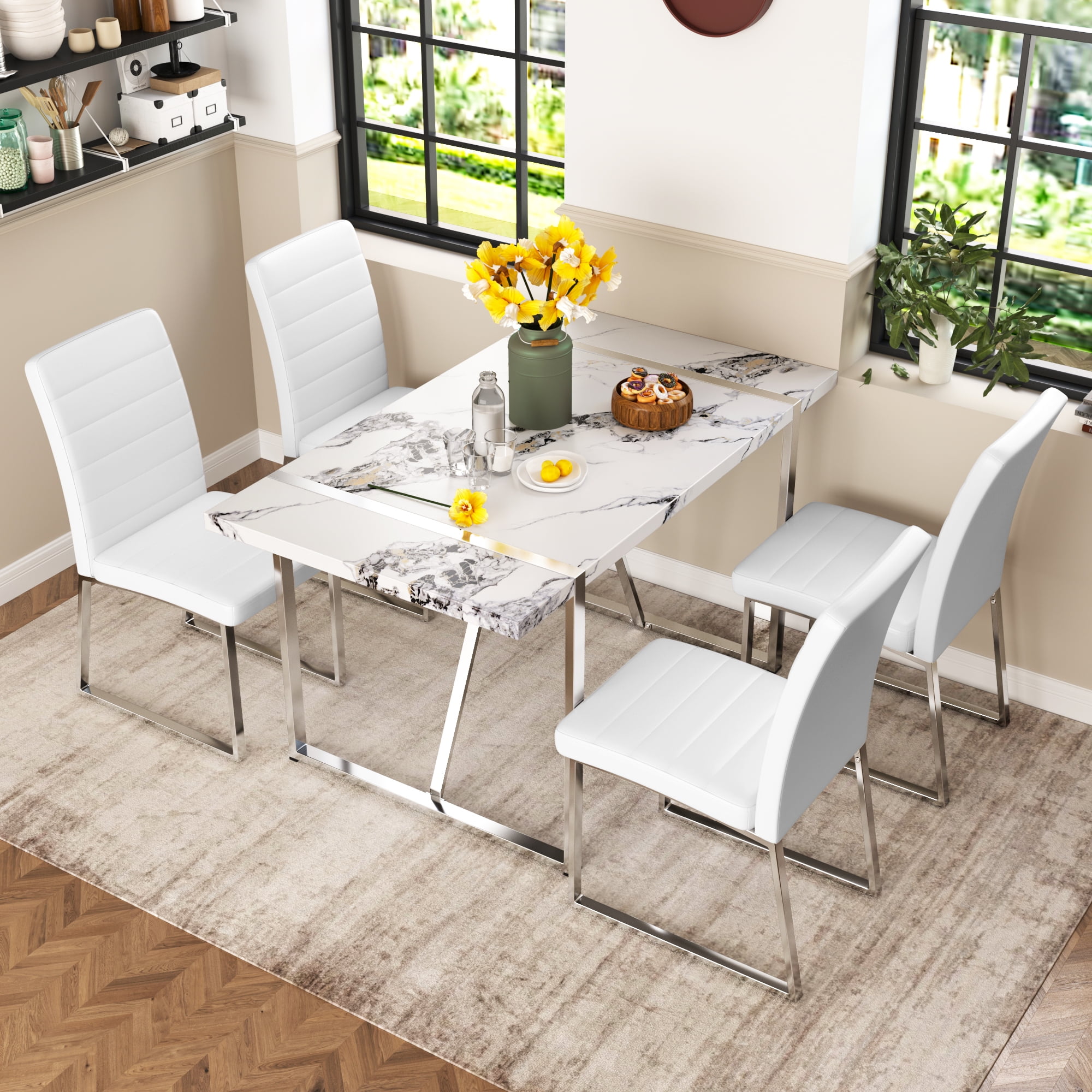 Harper & Bright Designs Faux Marble Dining Table Set for 4, Rectangular ...