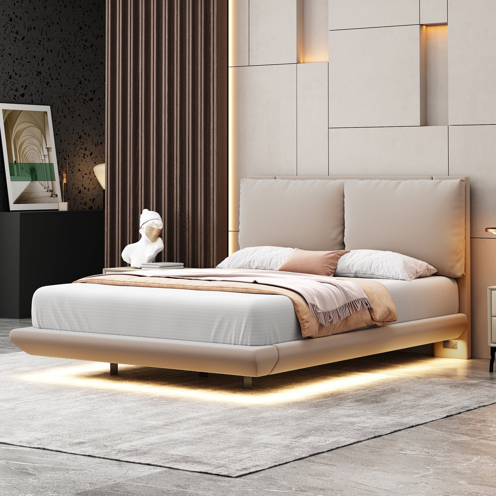 Churanty Floating Velvet Platform Bed Full Size Wood Bed Frame with ...