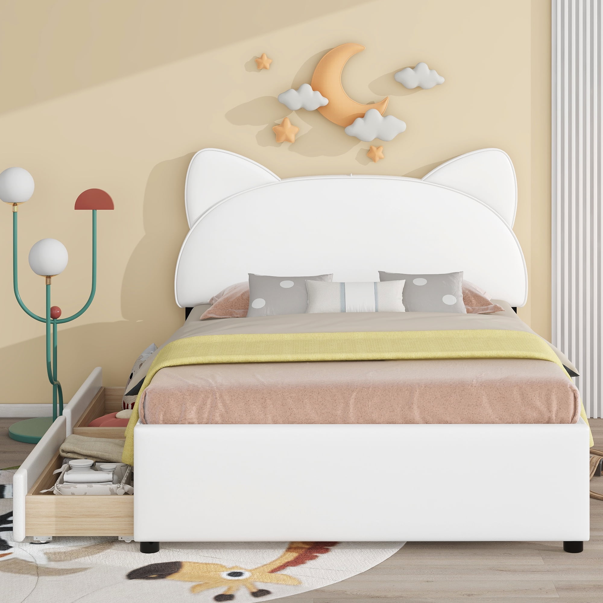 Churanty Full Cute Platform Bed with Cartoon Cat Ear Headboard, Wooden ...