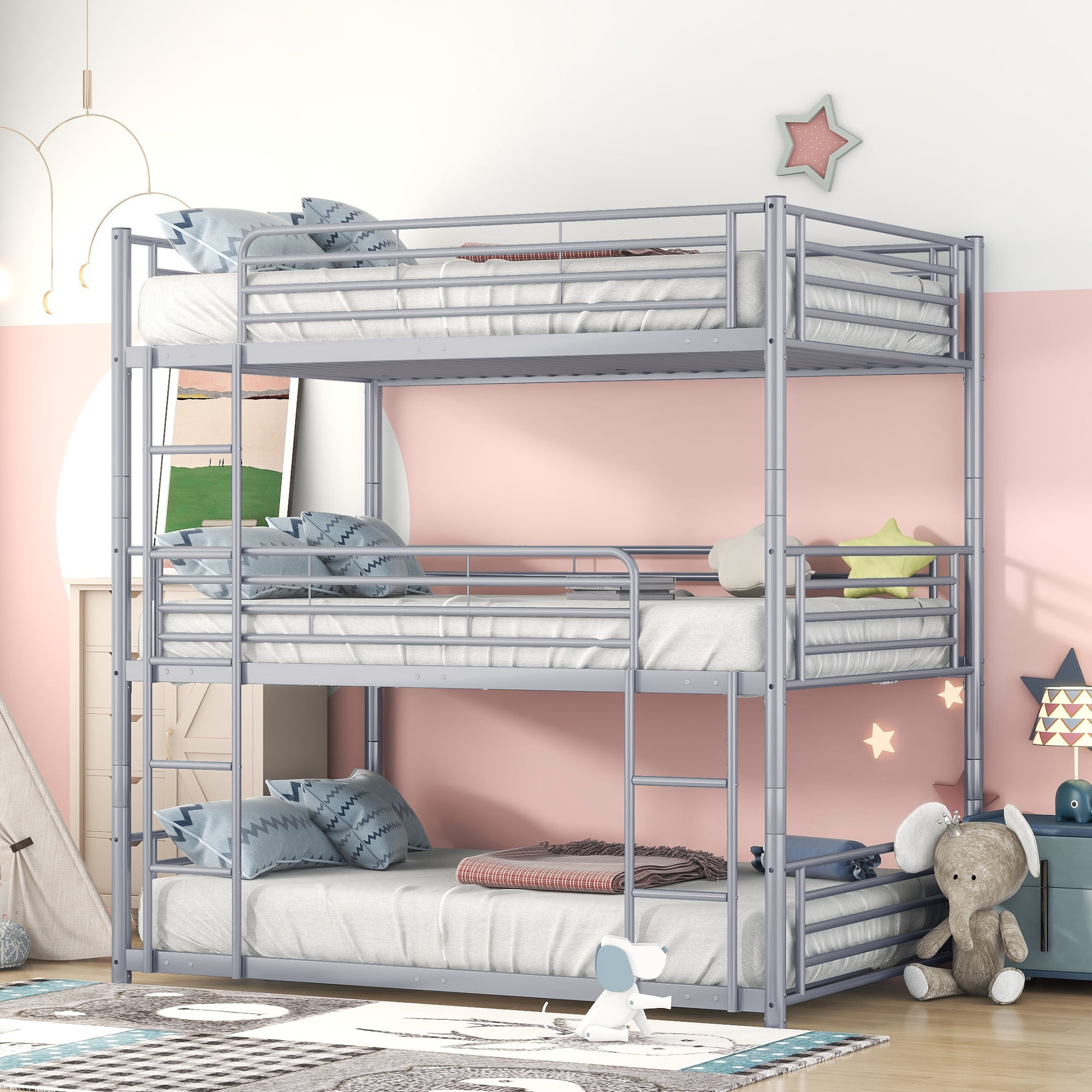 Harper & Bright Designs Full-Full-Full Metal Triple Bed with Built-in ...
