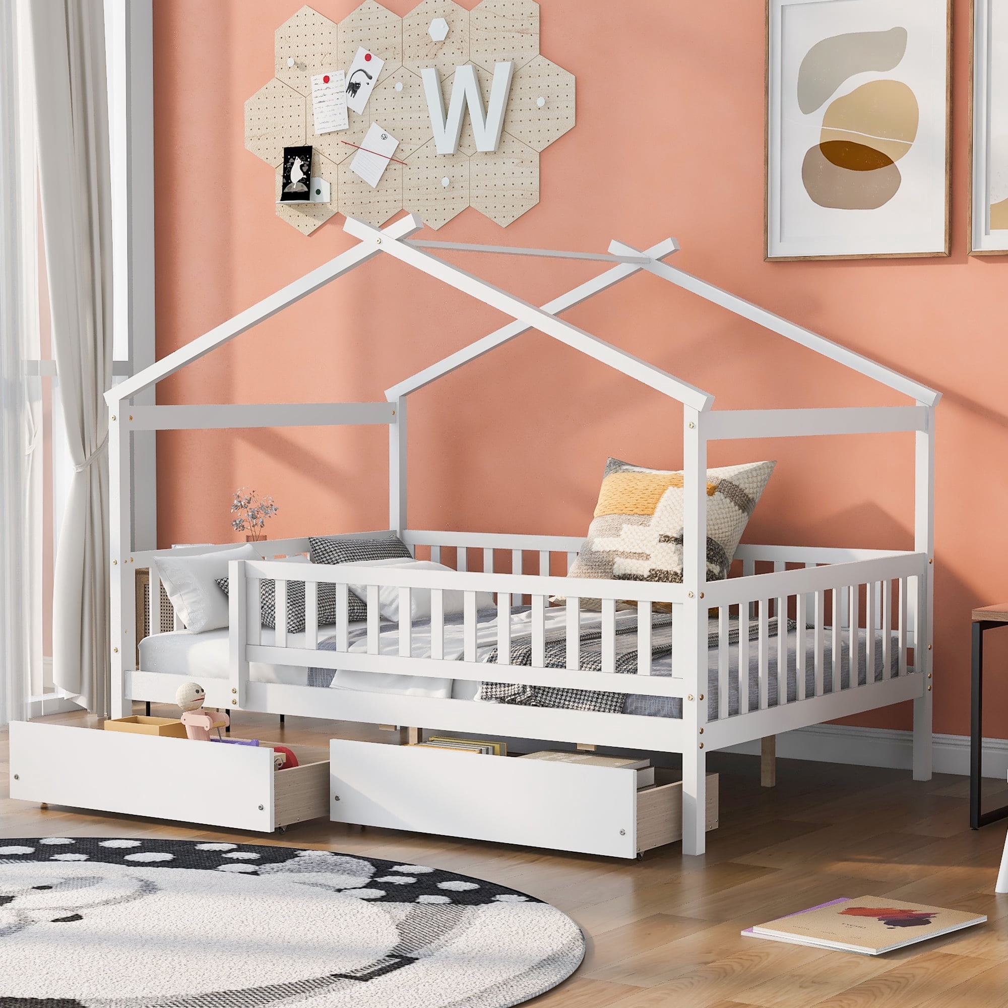 Harper & Bright Designs Full House Bed with 2 Storage Drawers, Kids ...
