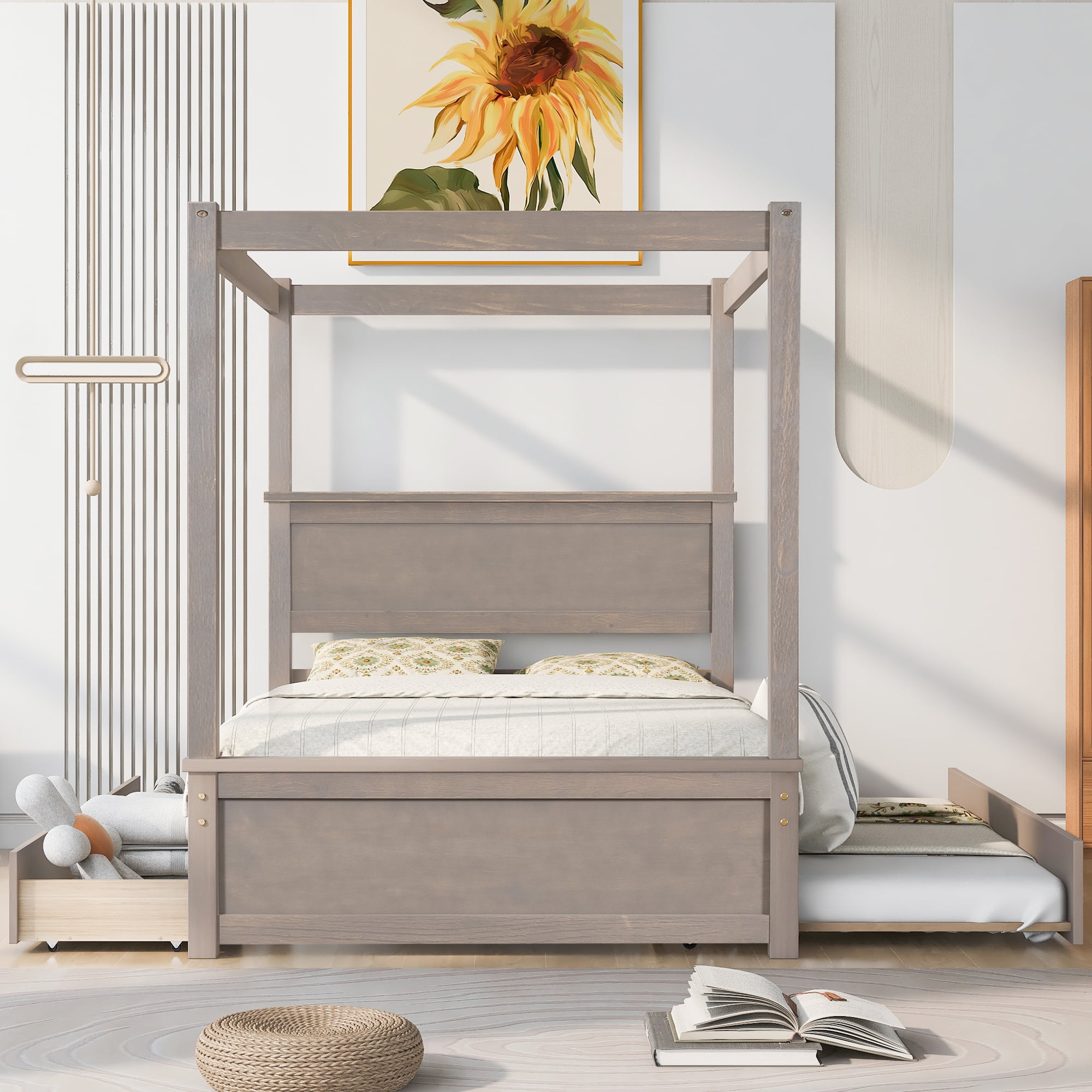 Churanty Full Size Canopy Bed Frame with Trundle and 2 Storage Drawers ...