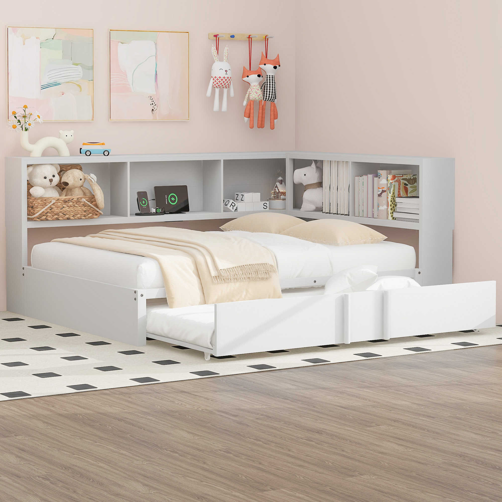Churanty Full Size Daybed with Trundle and Bookcase, L-Shape Daybed ...