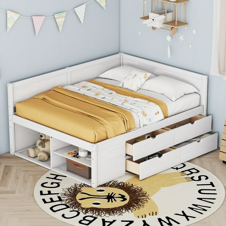 Churanty Full Size Daybed with Storage Shelves and Drawers Wood Corner Captain Beds L Shaped Headboardfor Kids Boys Girls Teens White Walmart