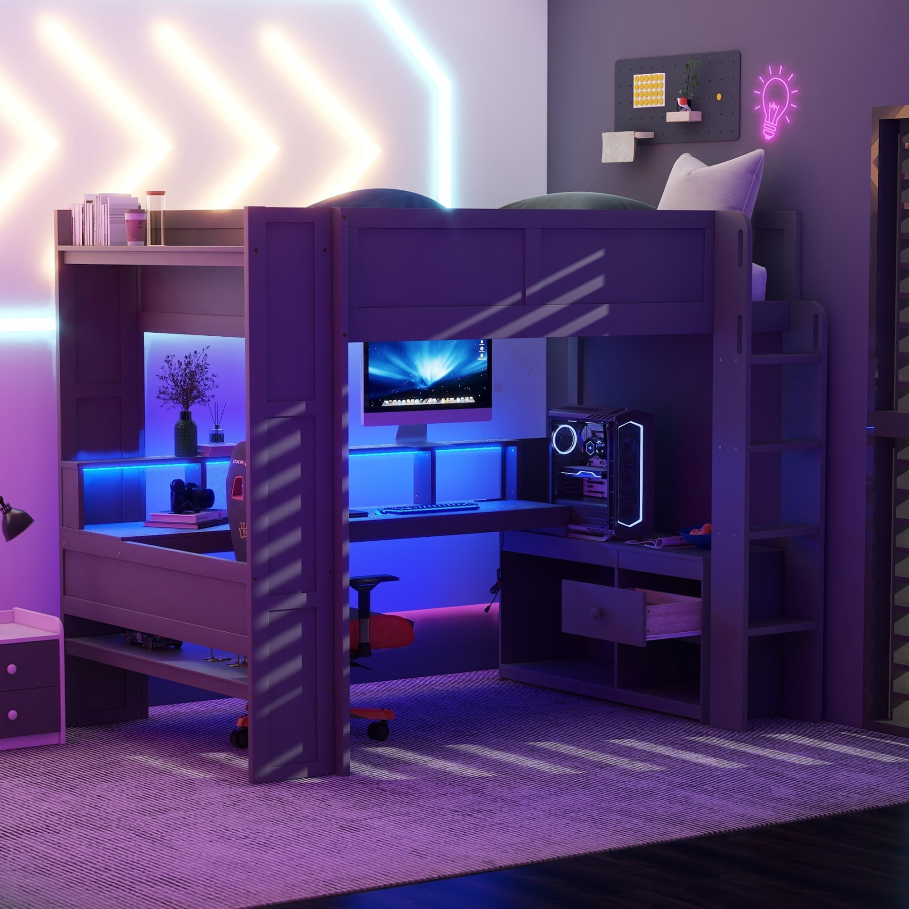 Harper & Bright Designs Full Size Gaming Loft Bed with Desk, LED and ...