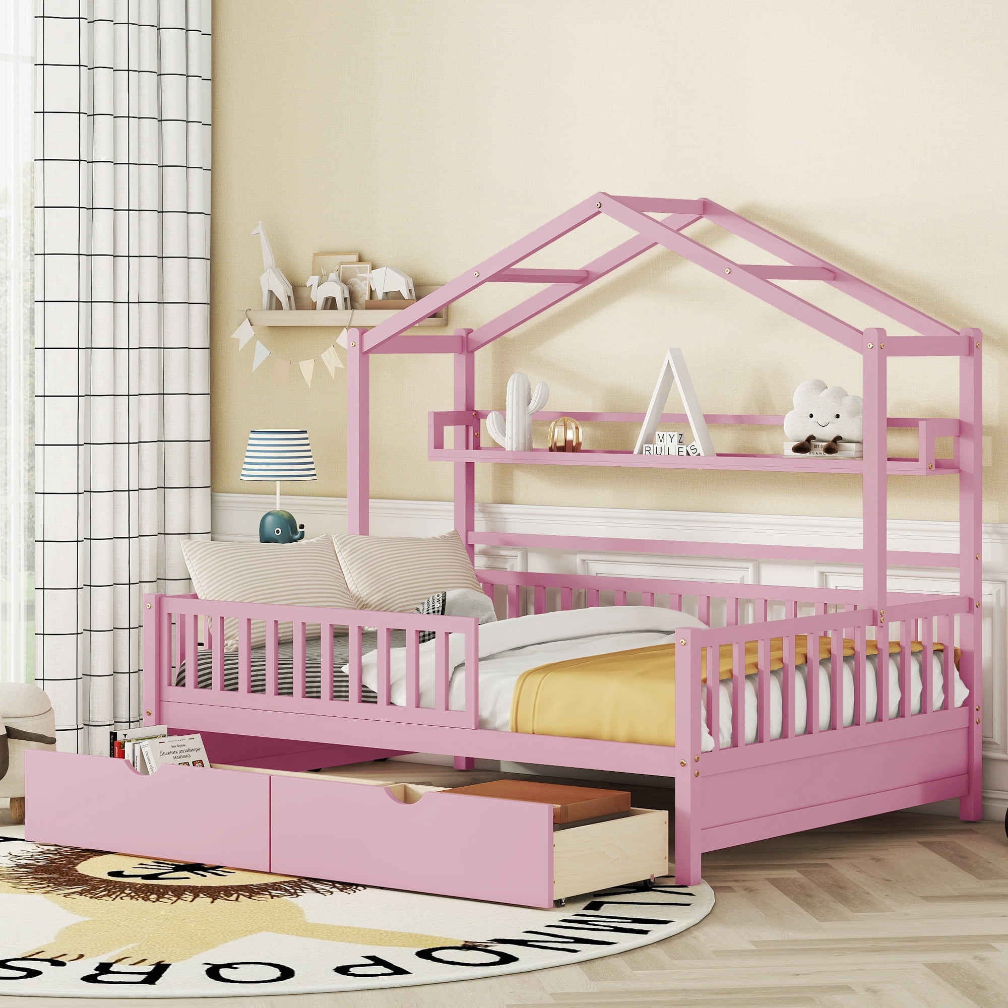 Churanty Full Size House Bed with Drawers and Storage Shelves, Kids ...