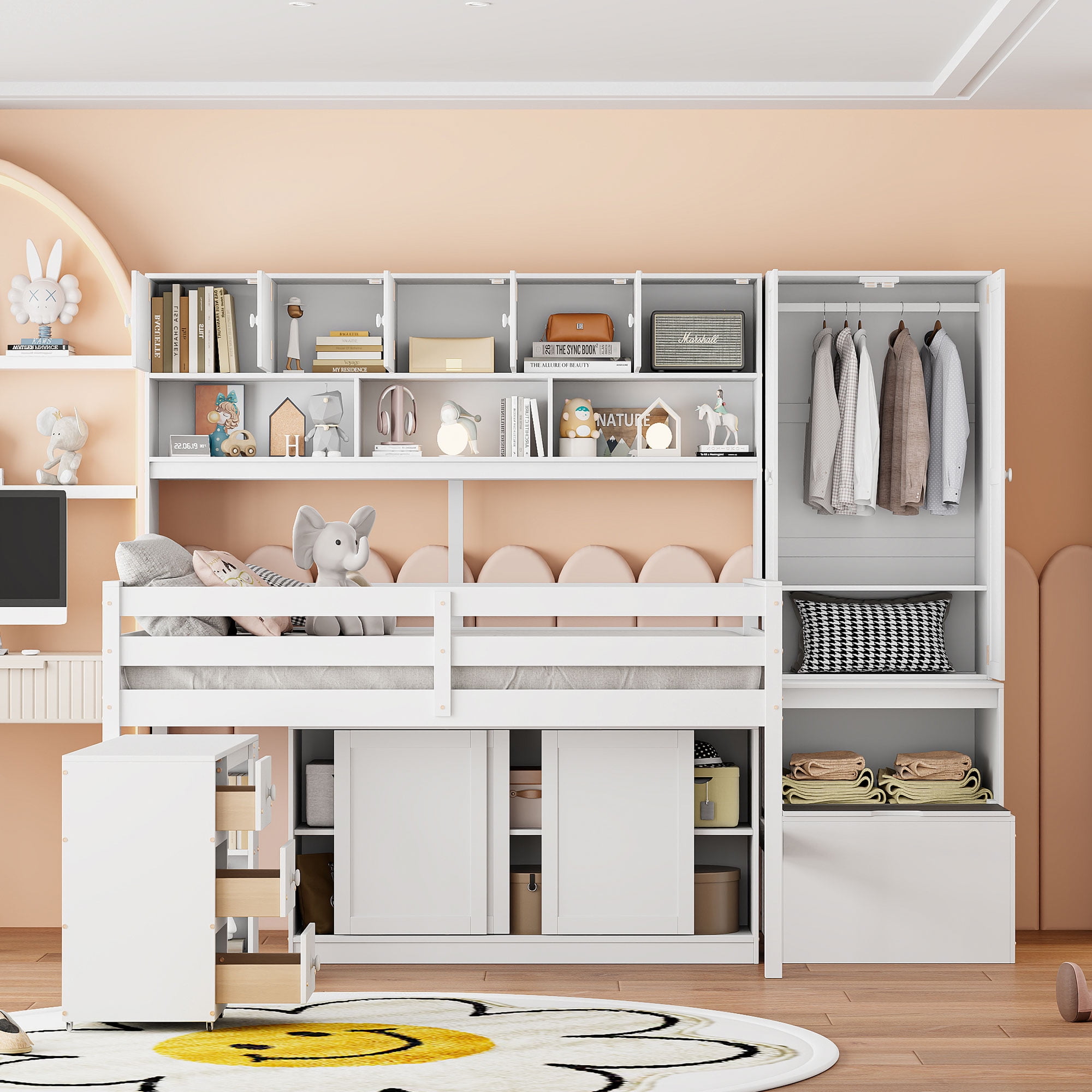 Churanty Full Size Loft Bed with Wardrobe, Wooden Full Loft Bed Frame ...