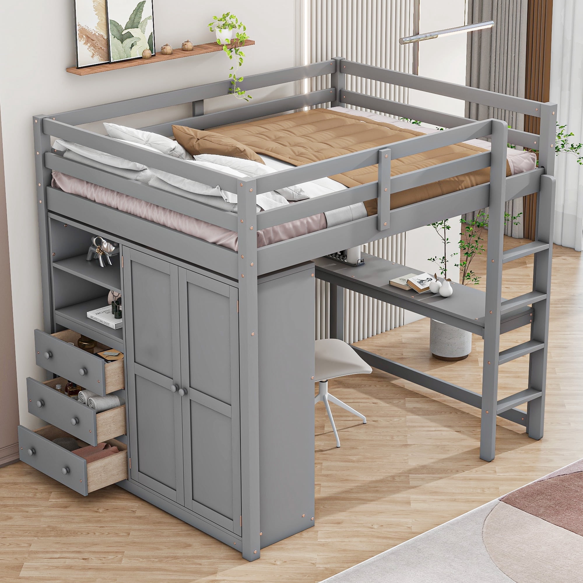 Harper & Bright Designs Full Size Loft Bed with Wardrobe and Desk, Wood ...