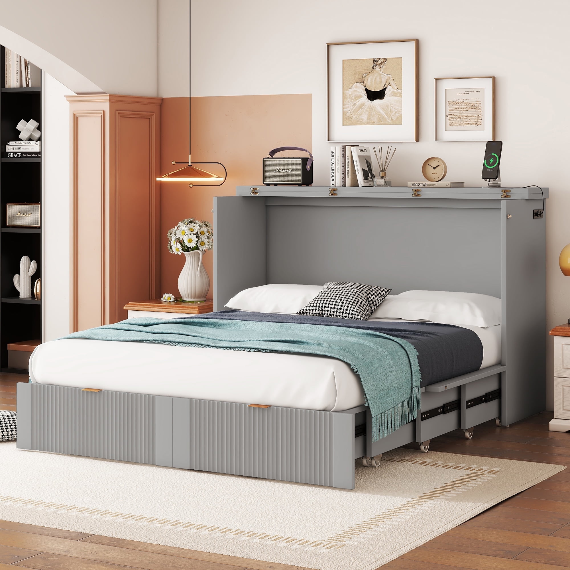 Churanty Full Size Murphy Bed Wall Bed with Storage Drawers,Space-Saving Full Murphy Cabinet Bed ...