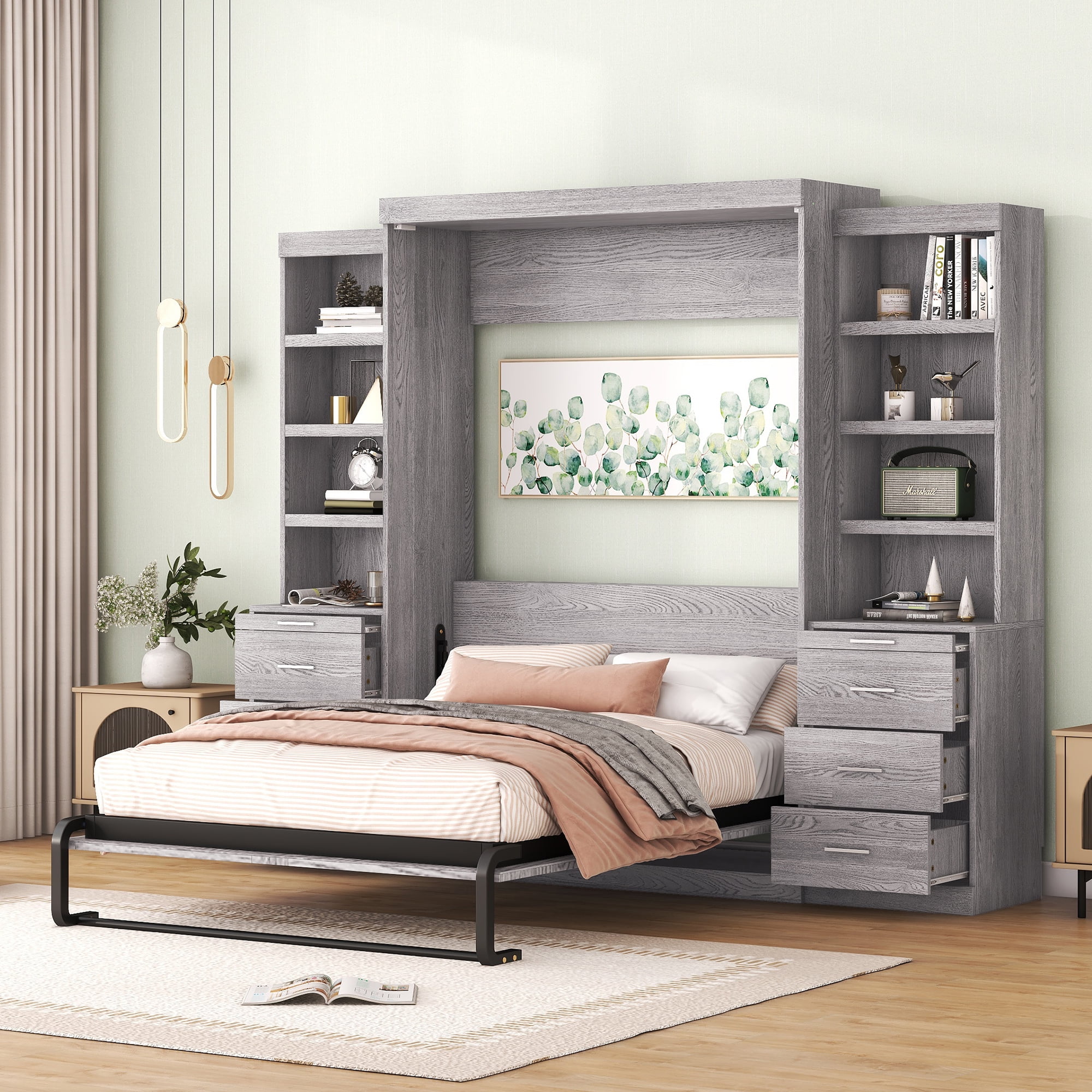 Churanty Full Size Murphy Bed with Storage Shelves and Drawers, Wood ...