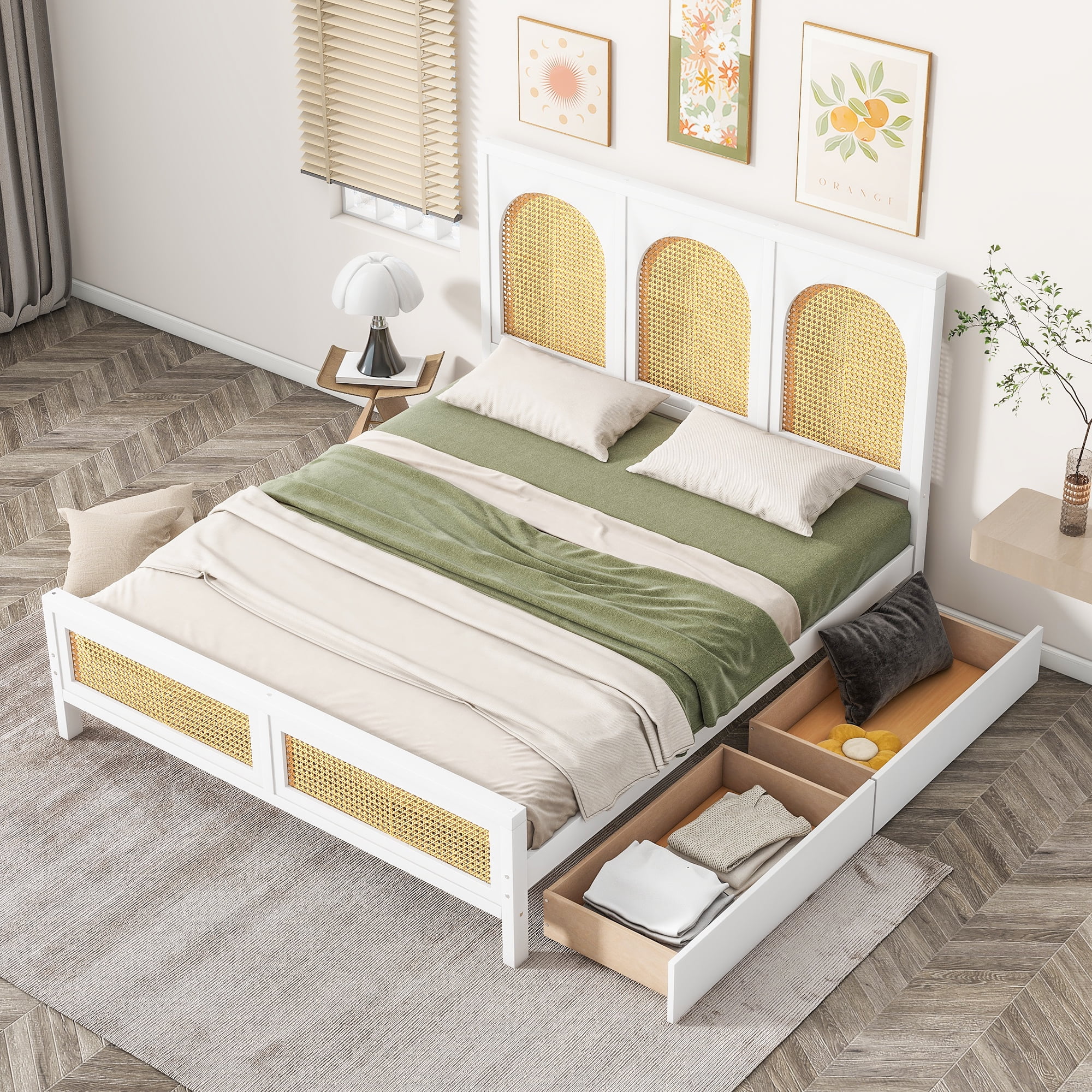 Harper & Bright Designs Full Size Platform Bed Frame with Rattan ...