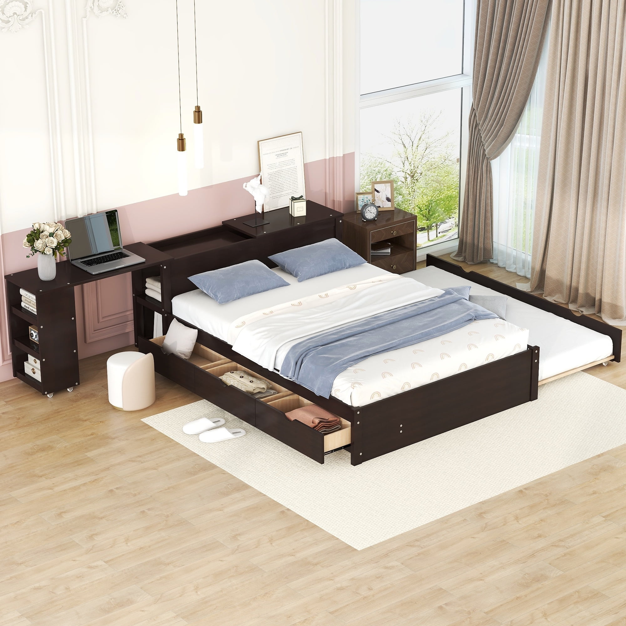 Churanty Full Size Platform Bed Frame with Rolling Desk and Storage ...