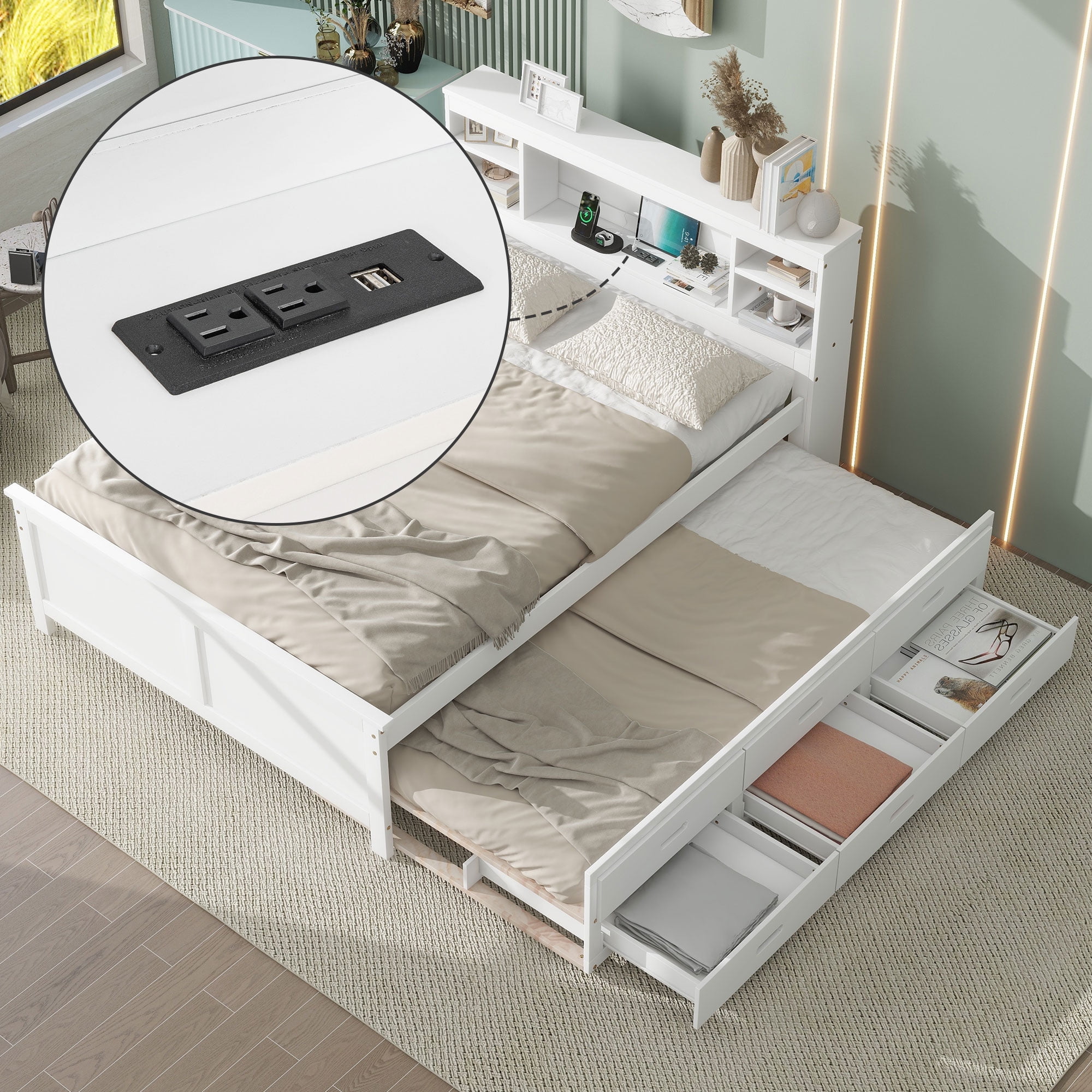 Churanty Full Size Platform Bed with Trundle, Storage Platform Bed with ...