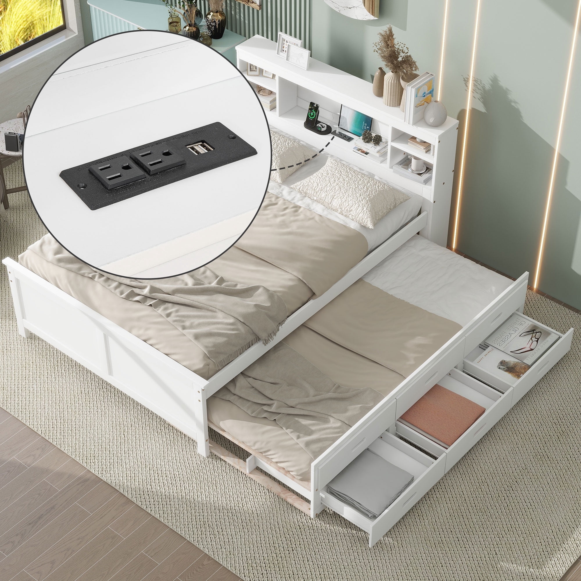 Harper & Bright Designs Full Size Platform Bed with Trundle, Storage ...