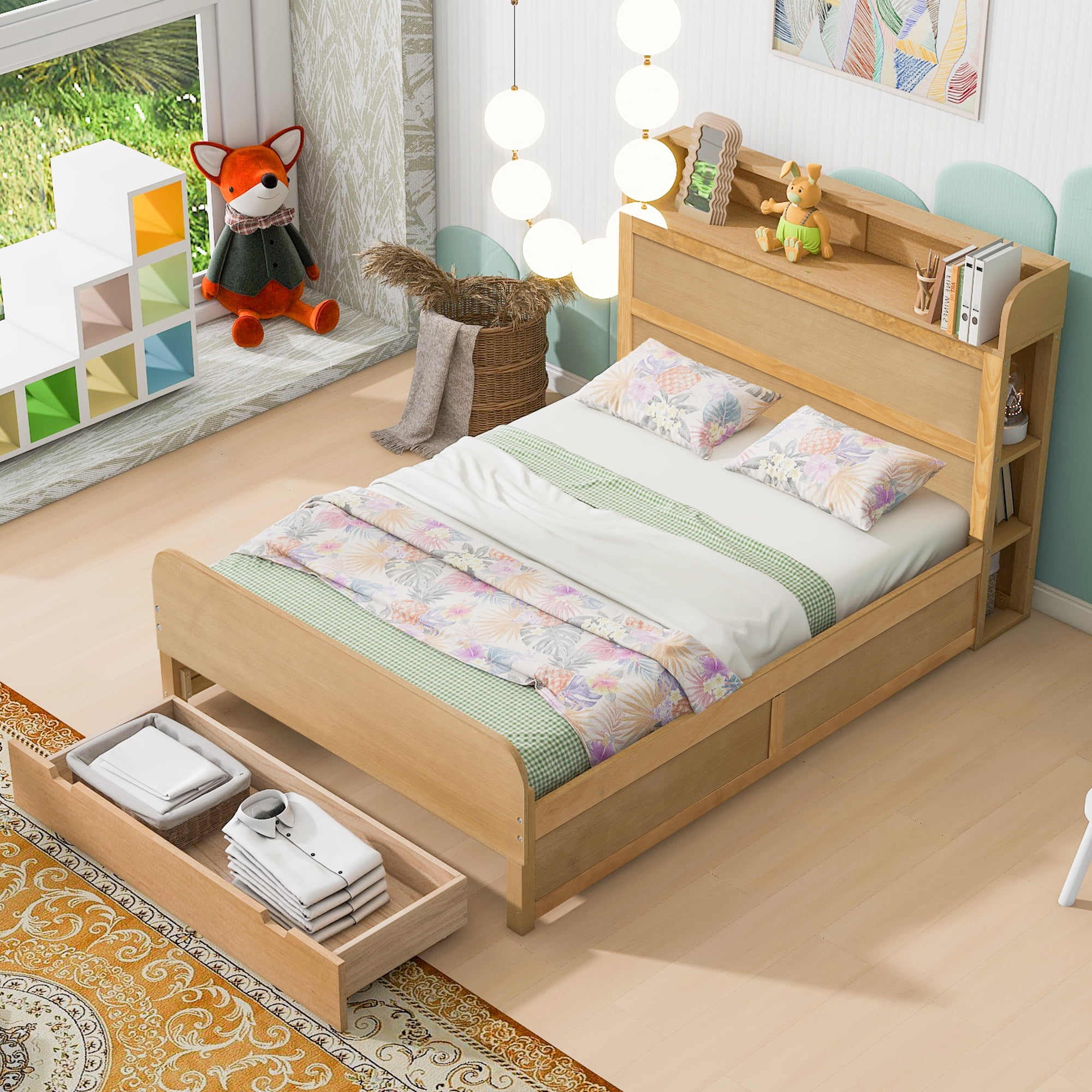 Churanty Full Size Platform Bed with Drawer, Wood Full Bed Frame with ...