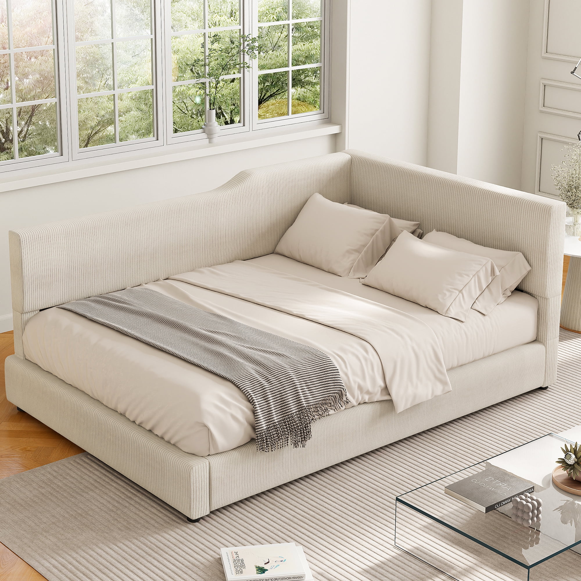 Churanty Full Size Upholstered Daybed, Corduroy L-Shaped Sofa Bed with ...