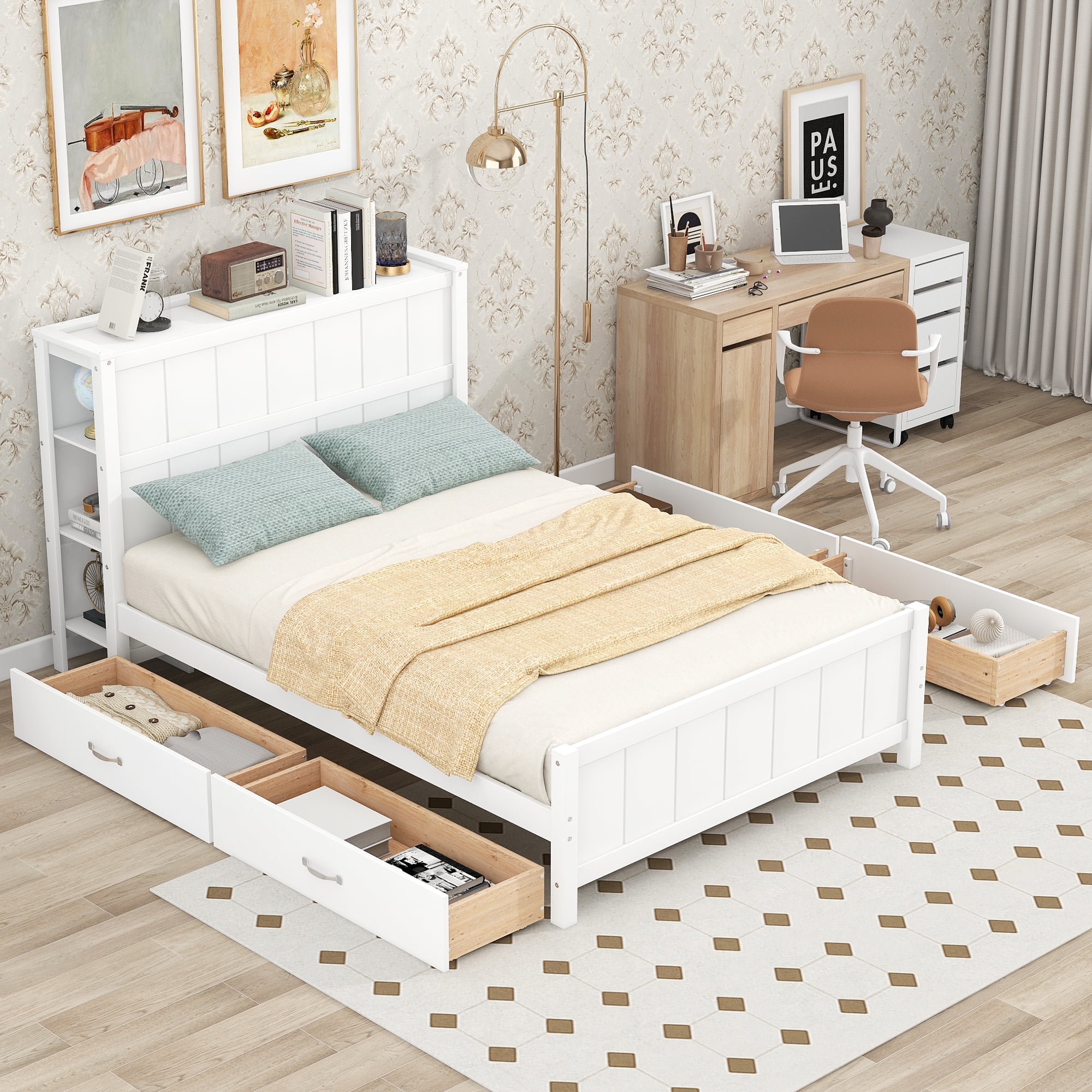 Churanty Full Size White Platform Bed with Headborad and 4 Drawers ...