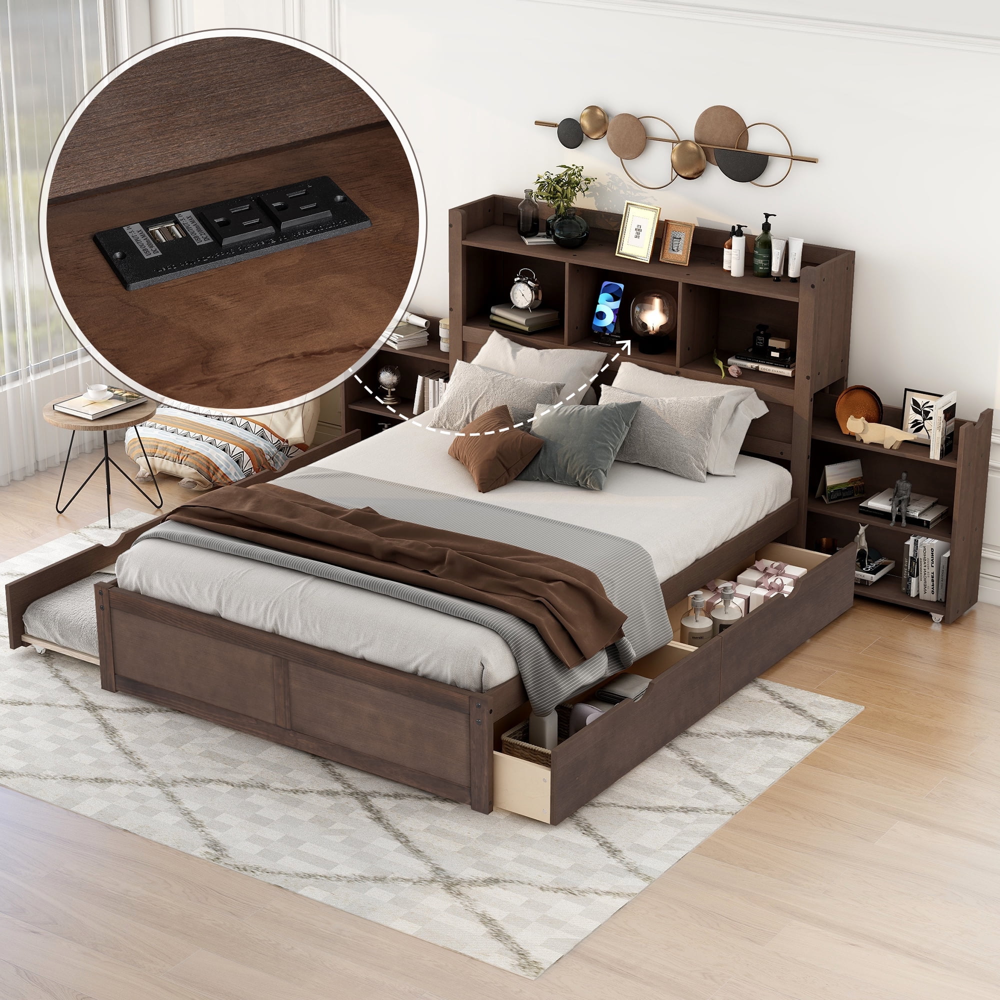 Churanty Full Storage Platform Bed with Trundle,Bookcase Headboard and ...