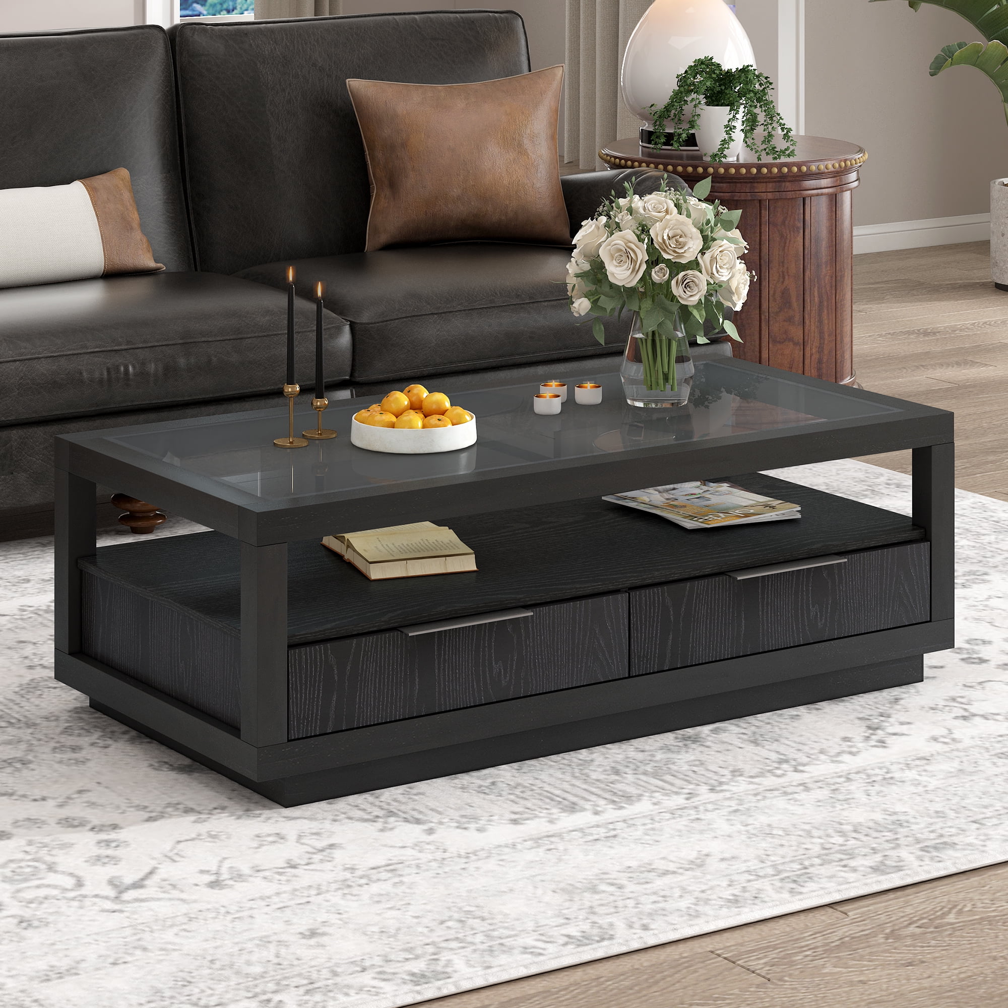 Harper & Bright Designs Glass Display Coffee Table with Open Storage ...