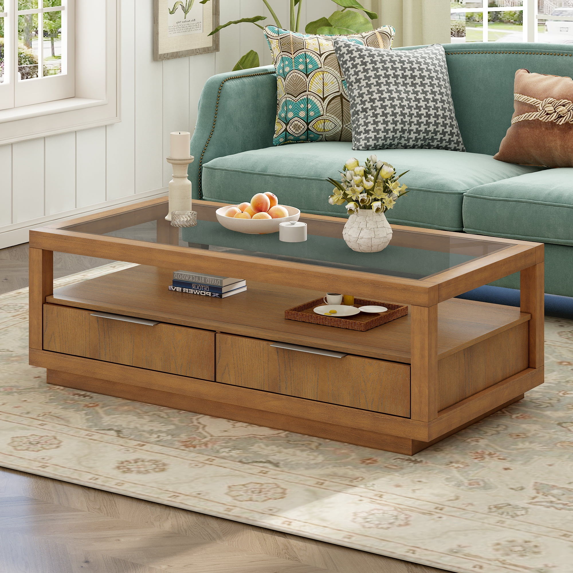 Churanty Glass Display Coffee Table with Open Storage Shelf, Rectangle ...