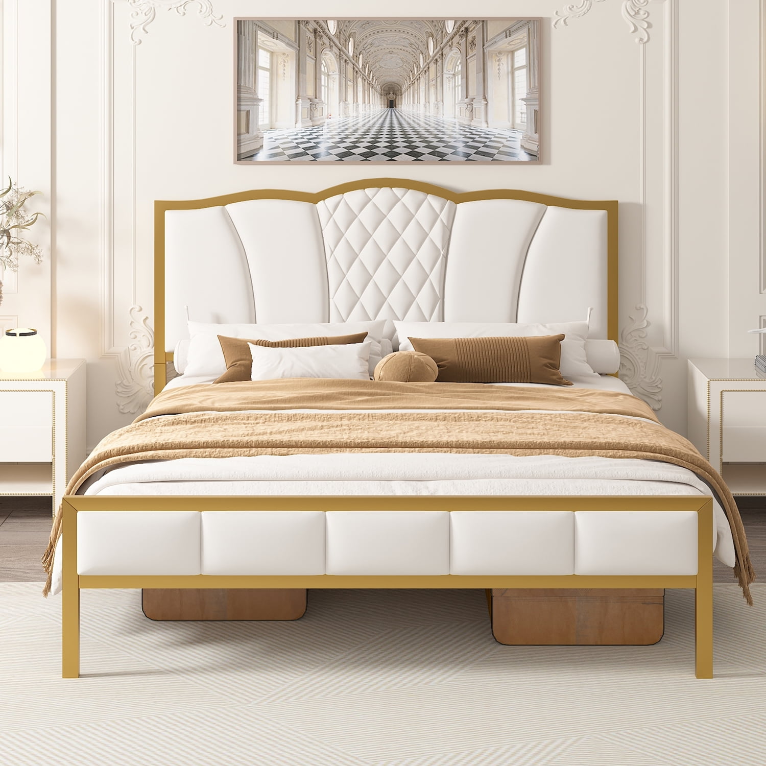 Churanty Golden Metal Platform Bed Queen Size Upholstered Bed Frame ...