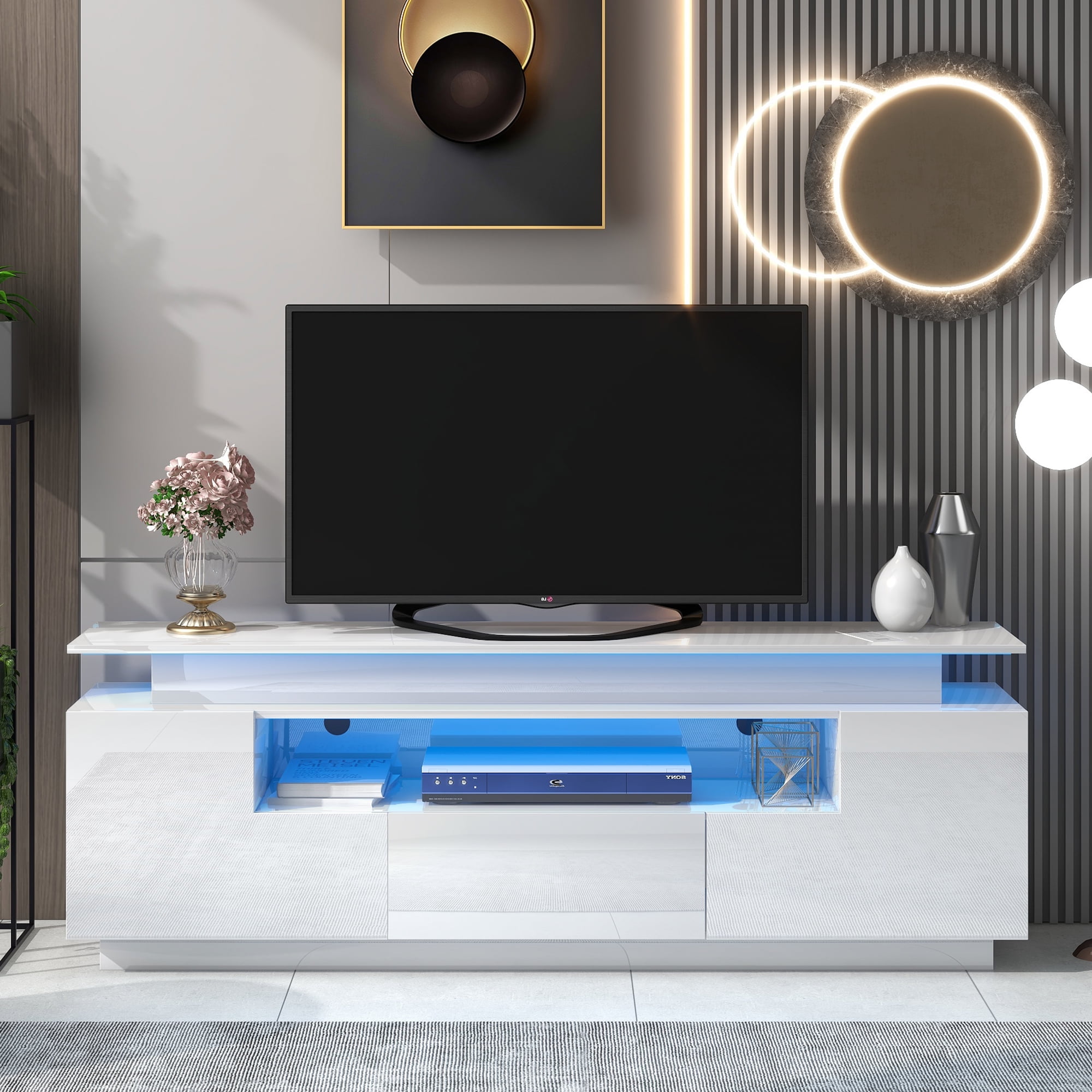 Churanty High Gloss White TV Stand for 75 inch TV with LED Lights ...