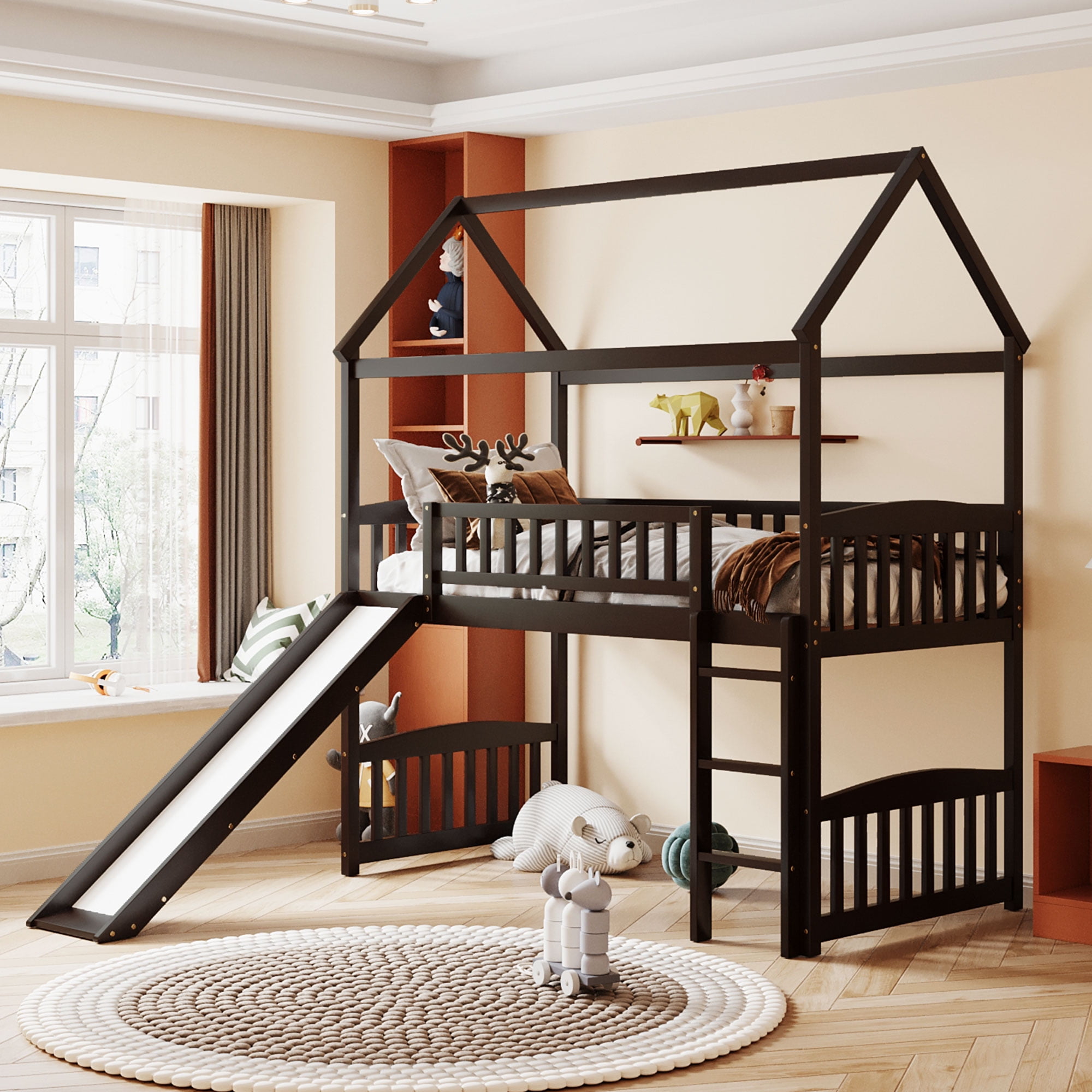 Harper & Bright Designs House Kids Playhouse Plywood Twin Loft Bed with ...