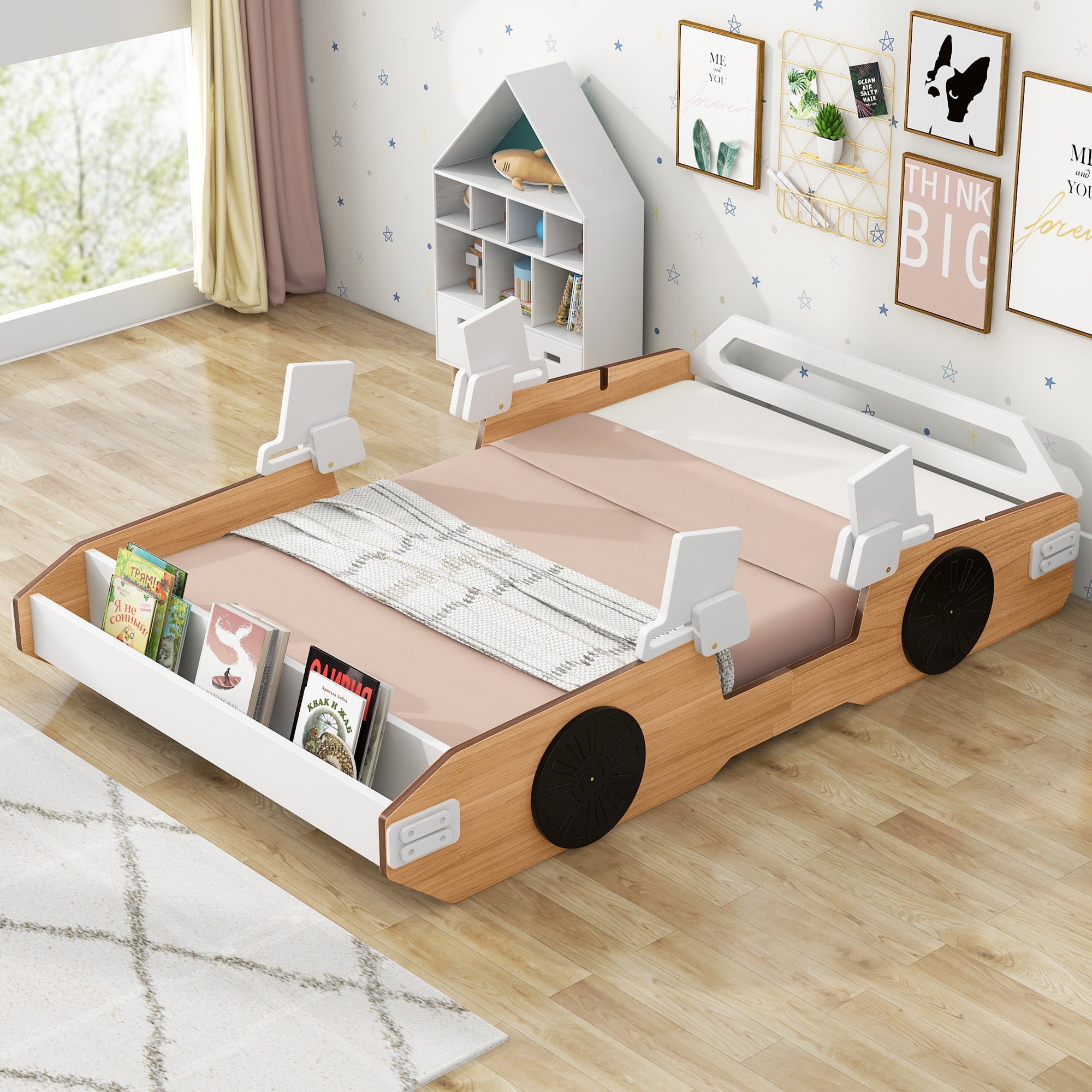 Churanty Kids Twin Size Racing Car Bed with Door, Wood Car-Shaped ...