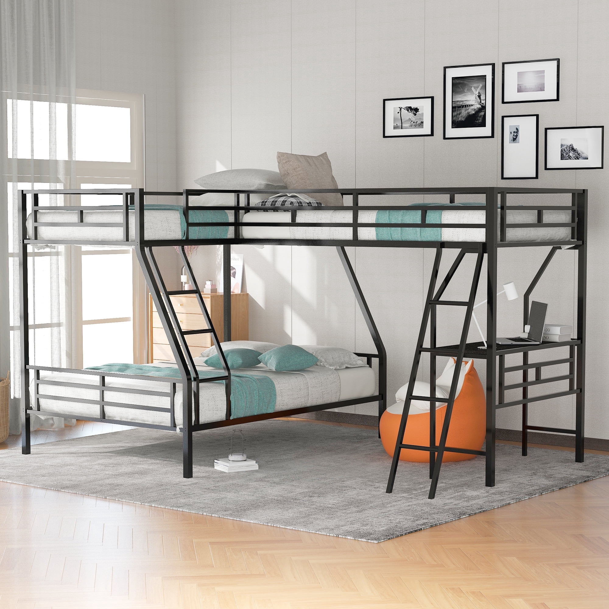 Harper & Bright Designs L-Shaped Matal Triple Bunk Bed Frame with Desk ...