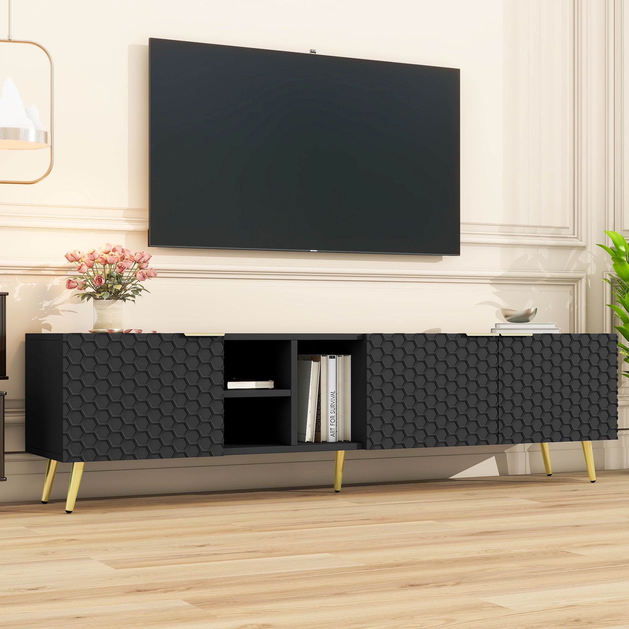 Churanty Minimalist Geometric TV Stand for 80 inch TV, Wood TV Storage ...