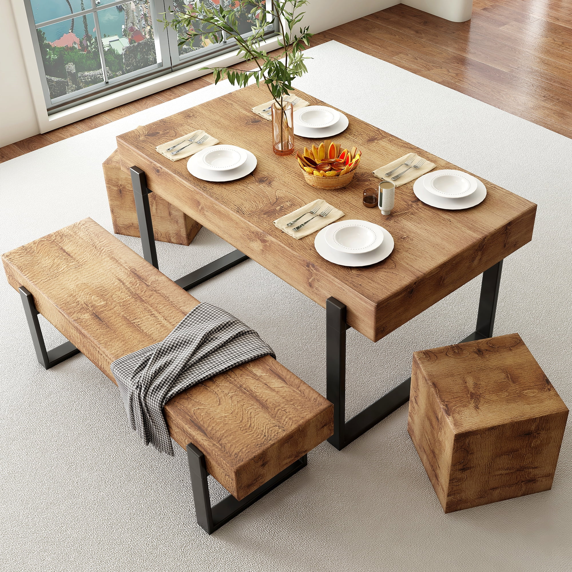 Churanty Modern Dining Table Set with Bench and 2 Square Stools for 4 ...