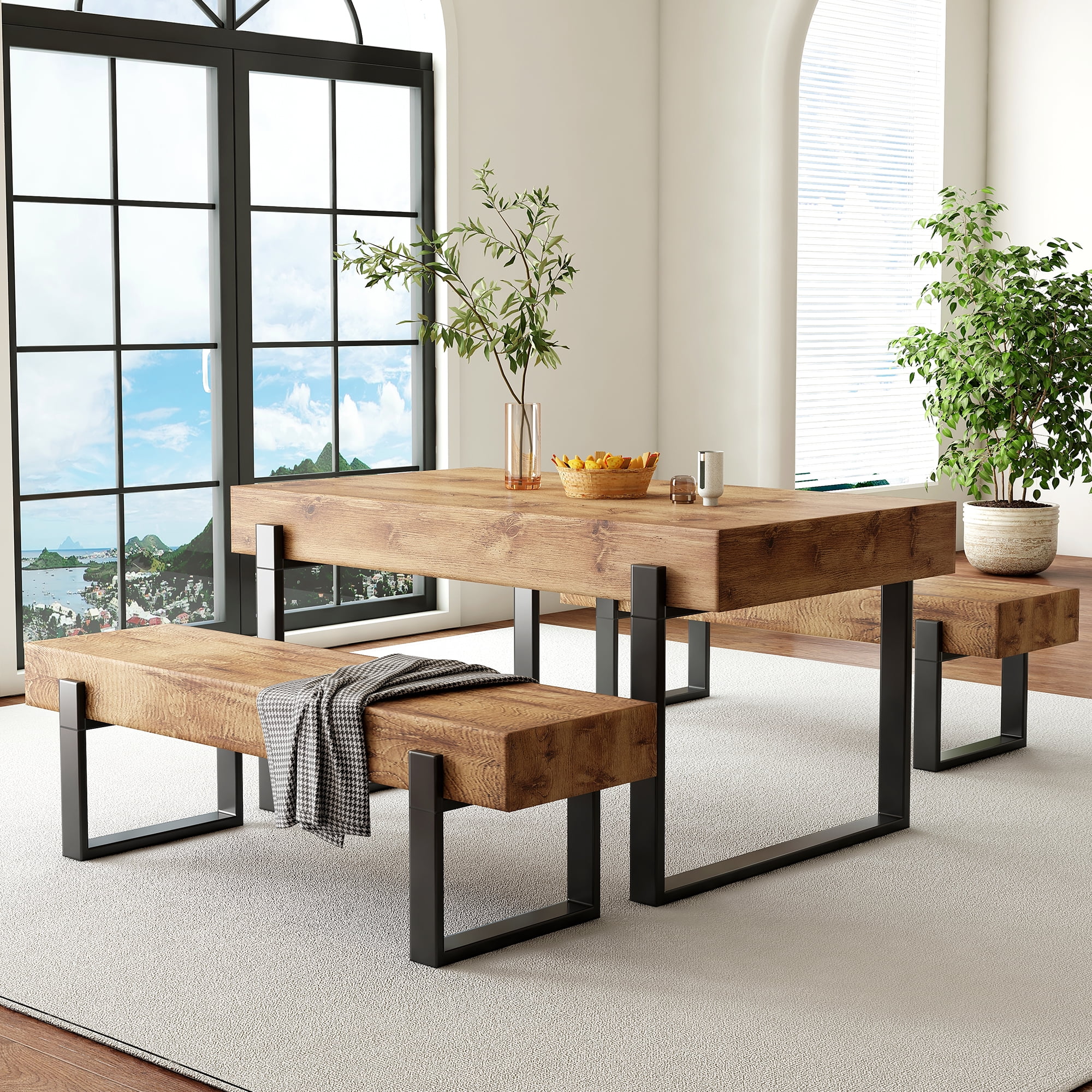 Harper & Bright Designs Modern Dining Table Set with 2 Bench for 4 ...