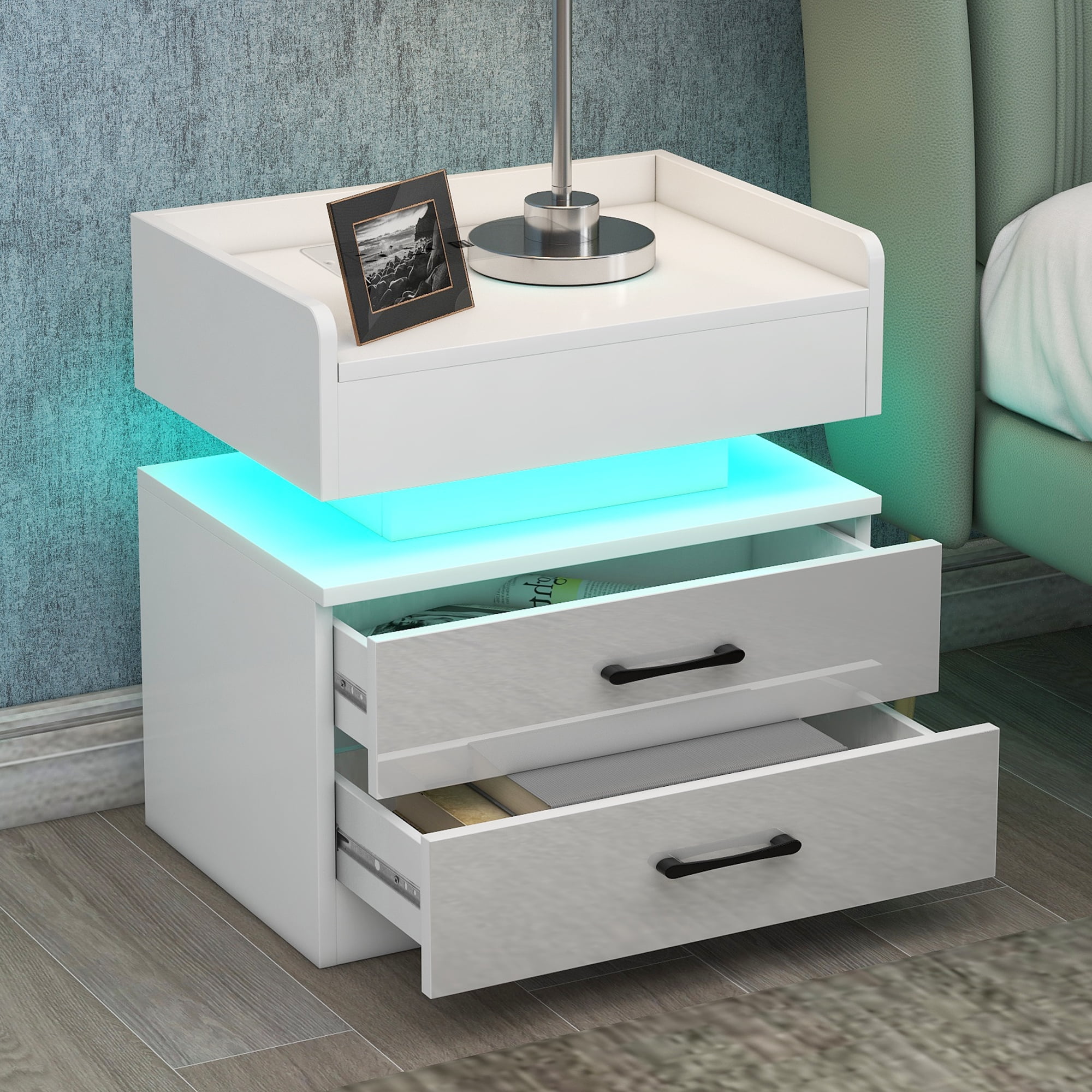 Churanty Modern LED Nightstand 2-drawer Storage Cabinet w/Wireless ...