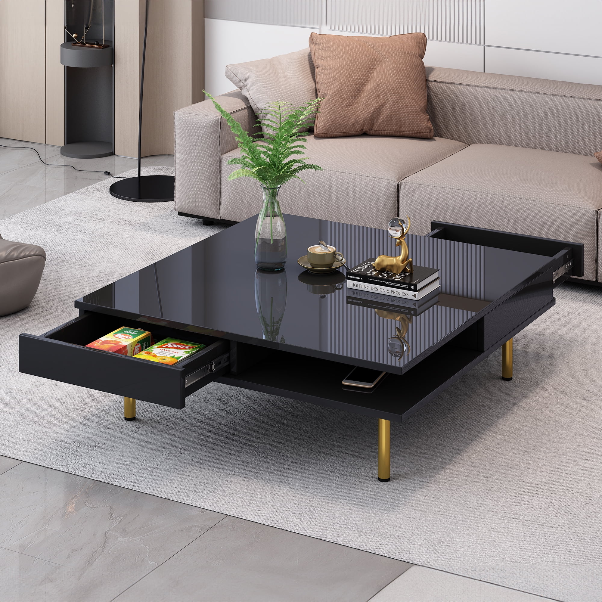 Churanty Modern Square Coffee Tables for Living Room, 2 Tier High Gloss ...