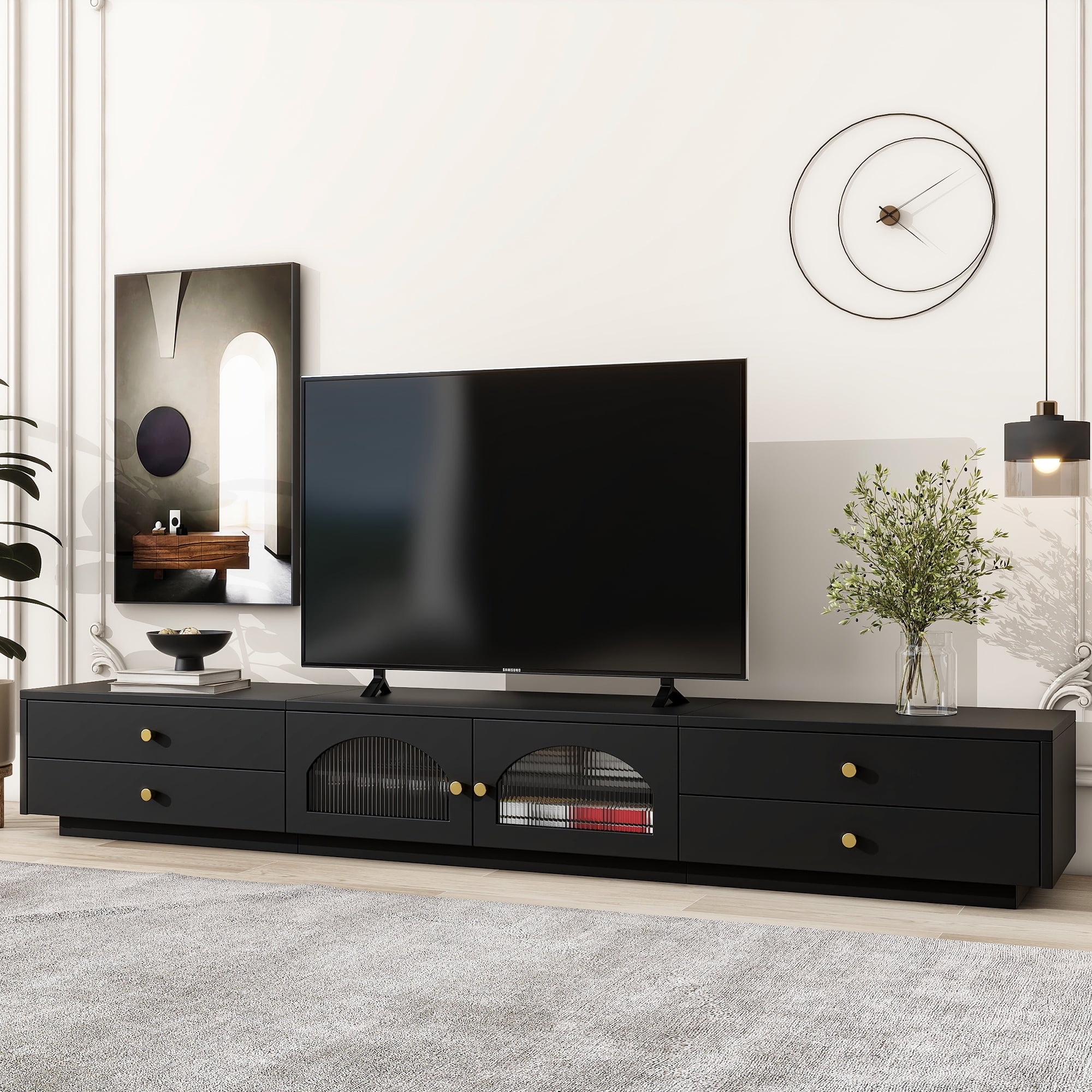 Churanty Modern TV Stand for 90 TV Extra Long TV Console with 2 Doors 4 Drawers Large Media Cabinet Entertainment Center with Fluted Glass Doors
