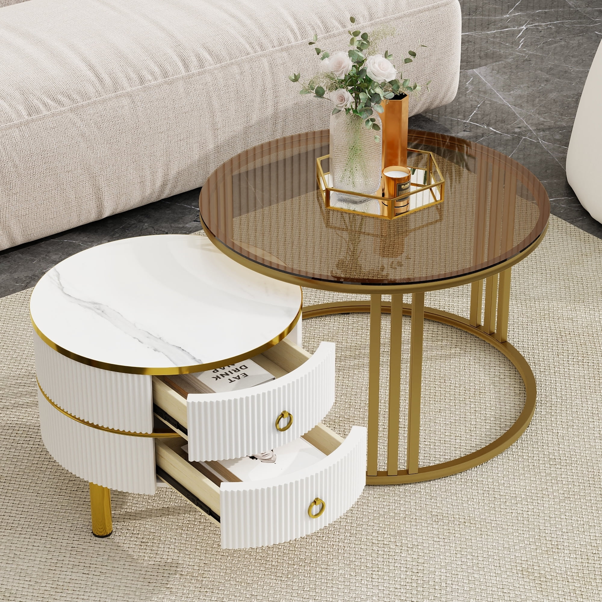 Churanty Nesting Coffee Table Set of 2, Round Glass Center Table for ...