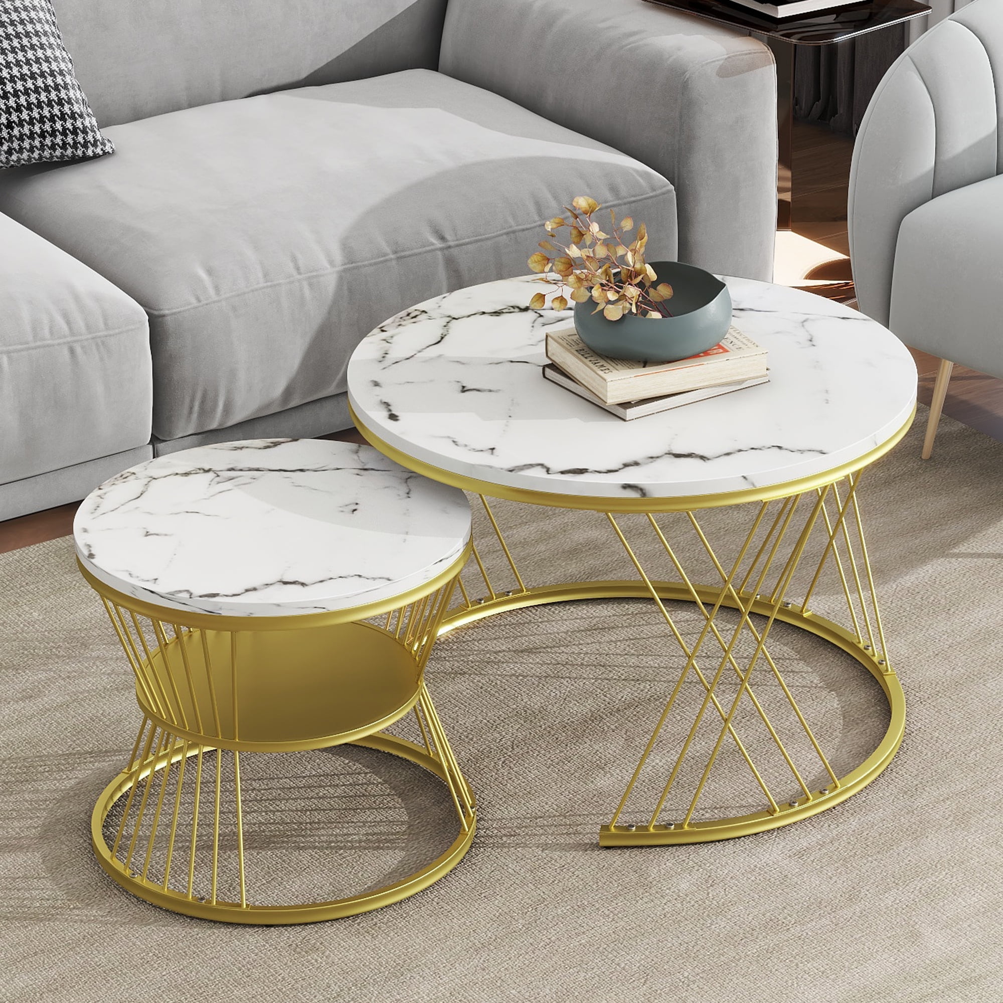 Churanty Nesting Gold Coffee Table Set of 2, Round Glass Center Table ...