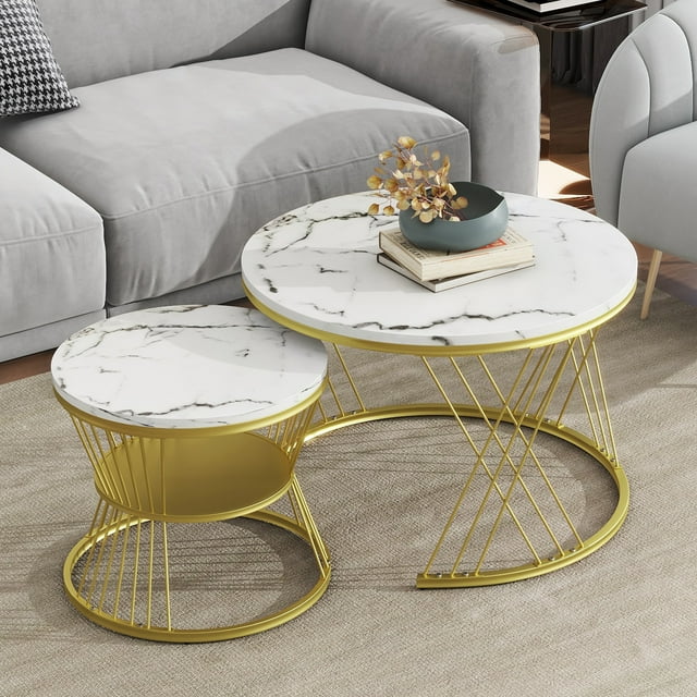 Churanty Nesting Gold Coffee Table Set of 2, Round Glass Center Table ...